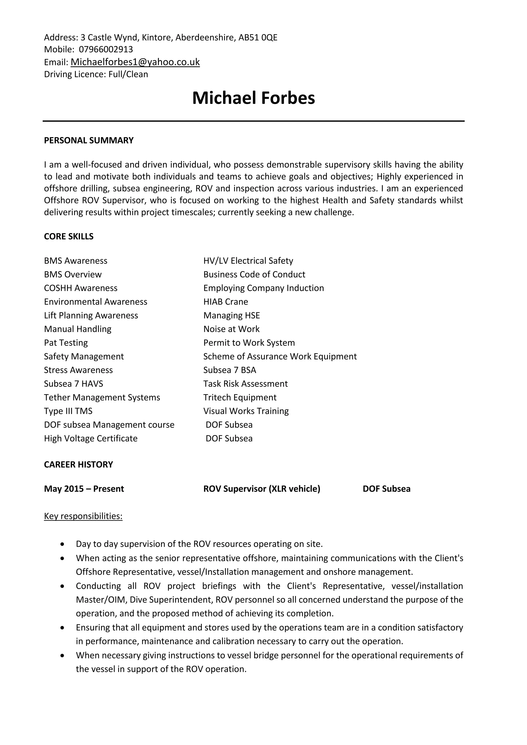 Michael Forbes updated CV | PDF | Scuba Diving | Extreme Sports