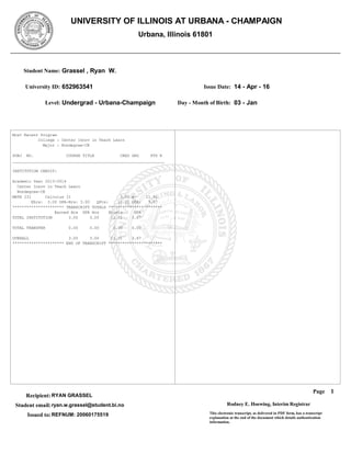 Ryan Grassel University of Illinois Nondegree Transcript-Calculus II | PDF