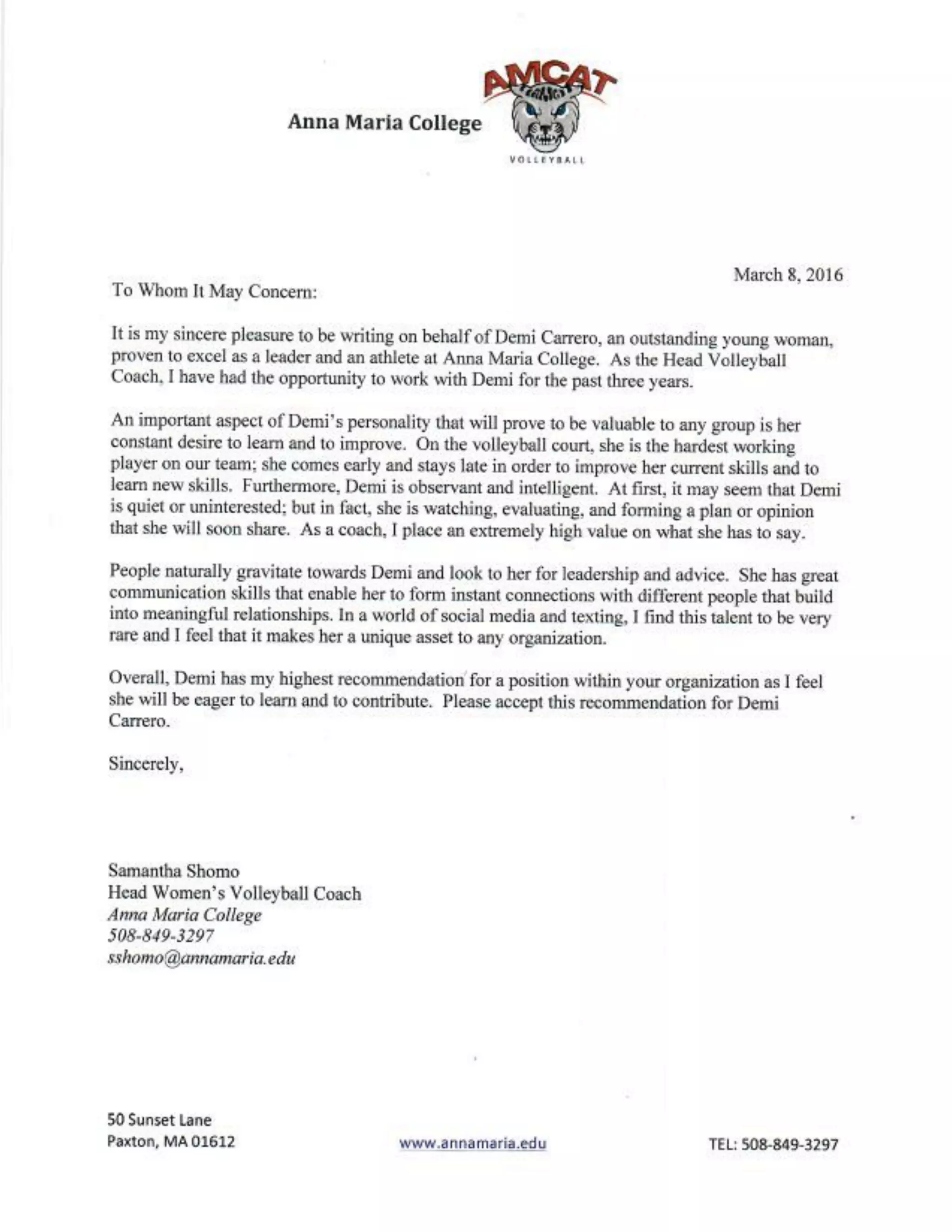Demi Carrero Coach Recommendation Letter | PDF