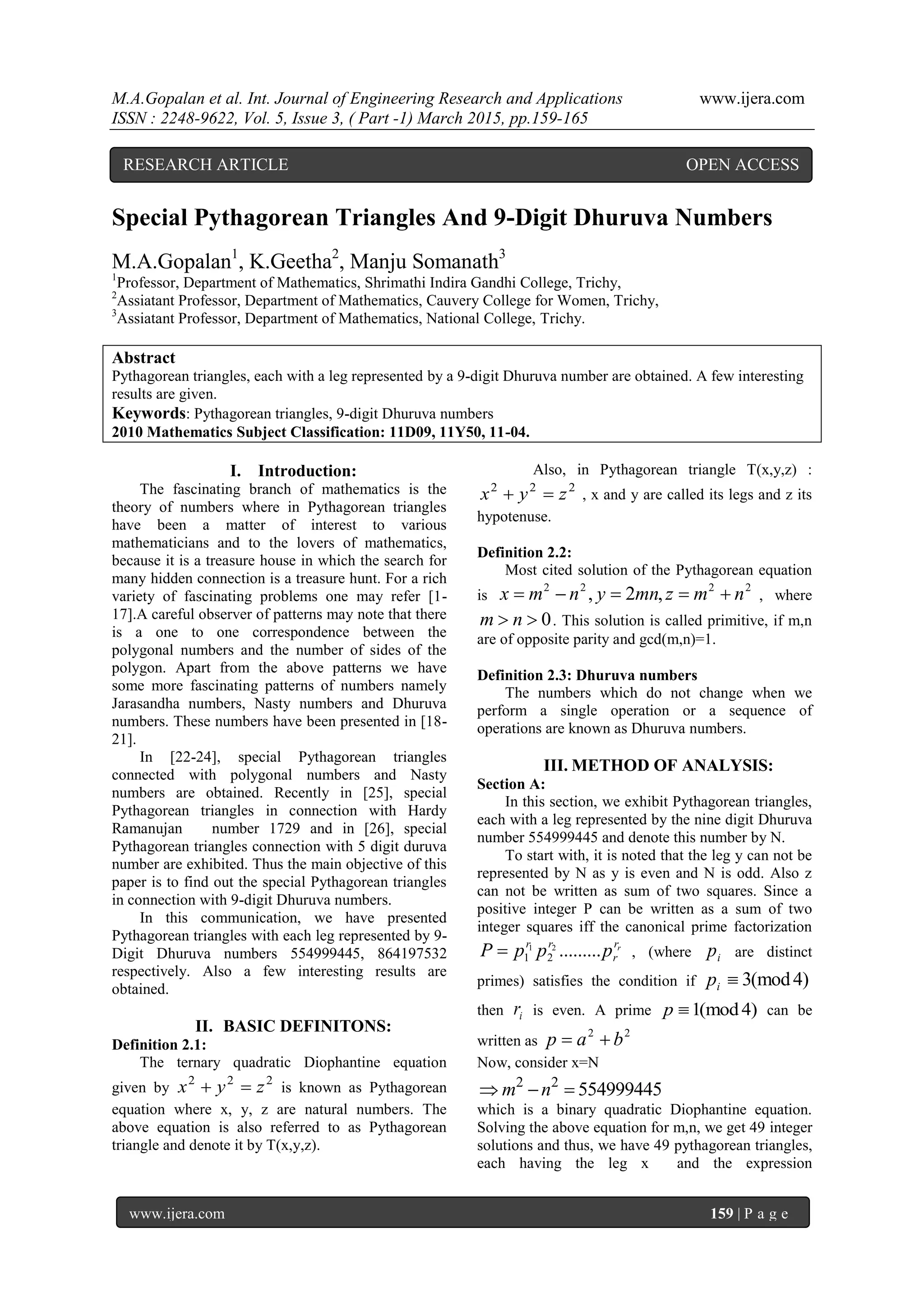 Special Pythagorean Triangles And 9-Digit Dhuruva Numbers | PDF