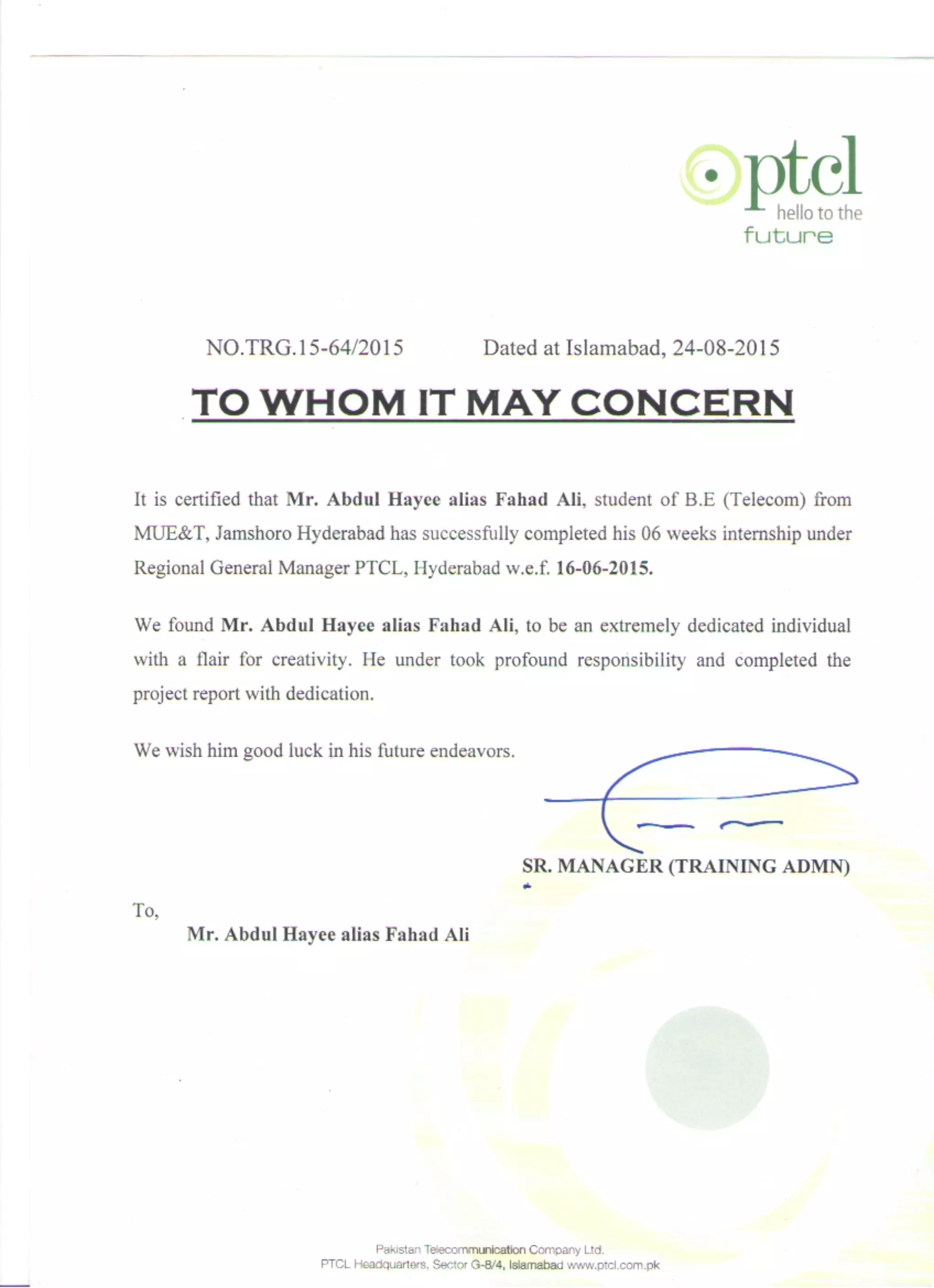 PTCL Letter 001 | PDF