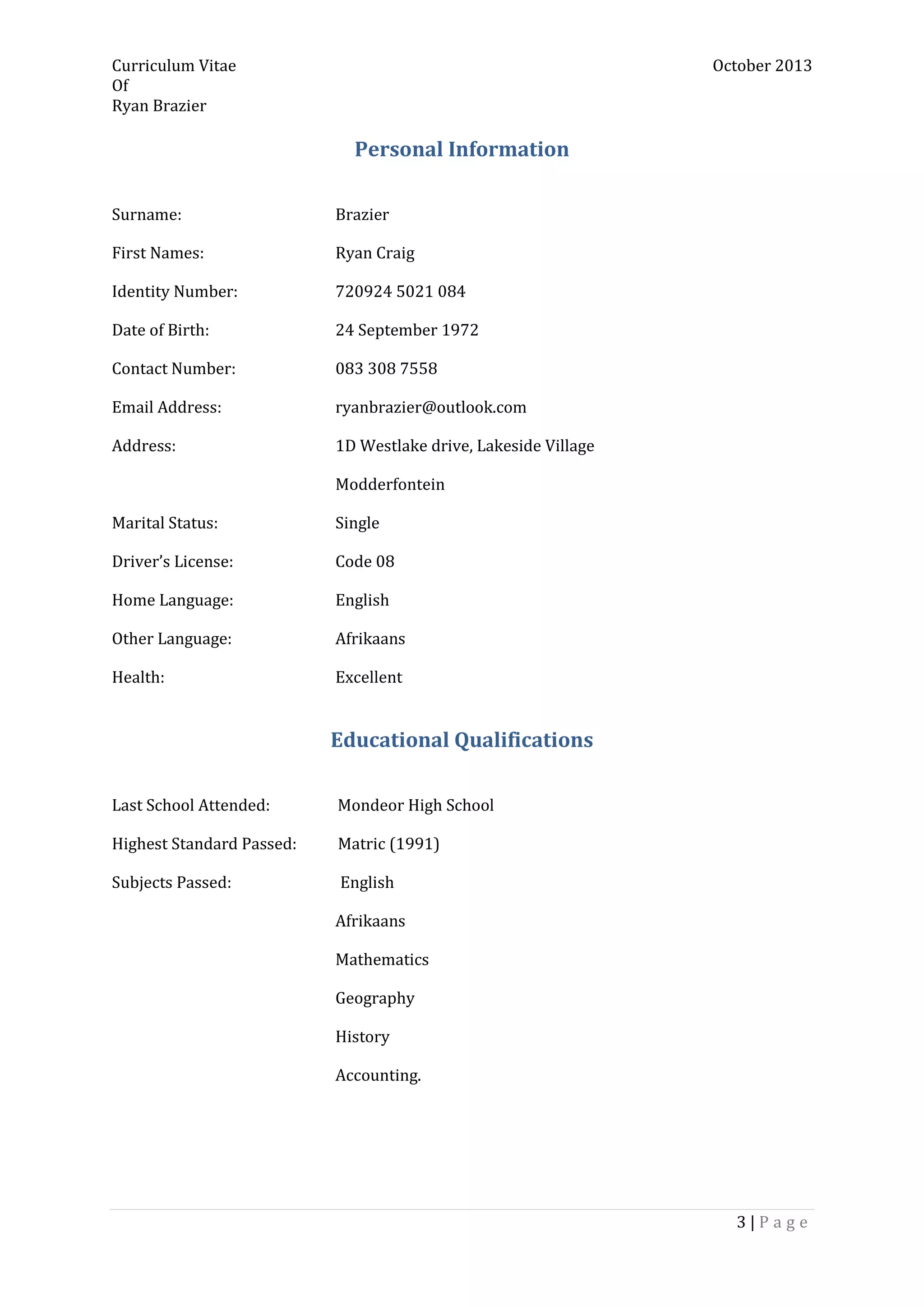 Ryan_Brazier_Curriculum_Vitae_Current_2015 | PDF