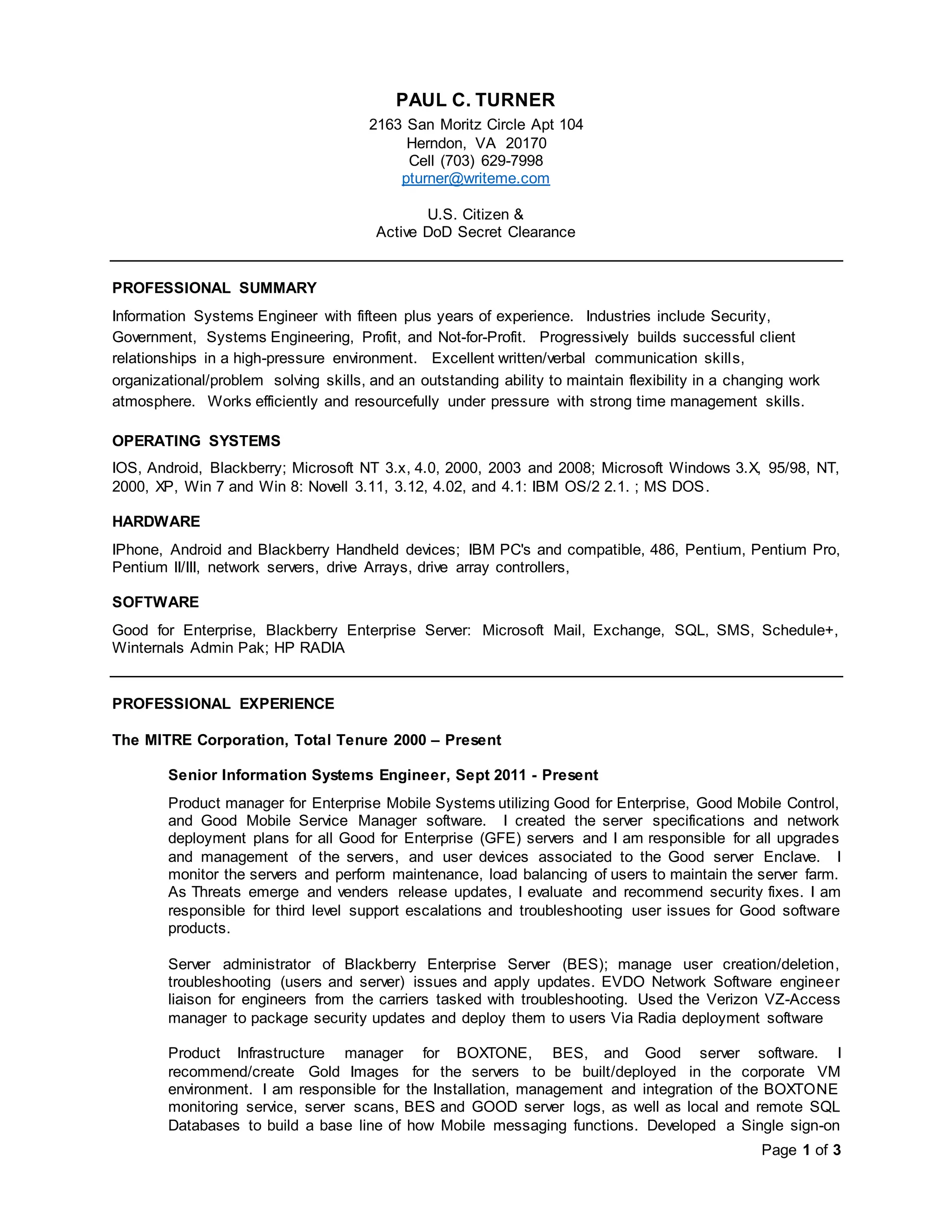 Paul Turner Resume 2015a | DOCX | Operating Systems | Computer Software ...