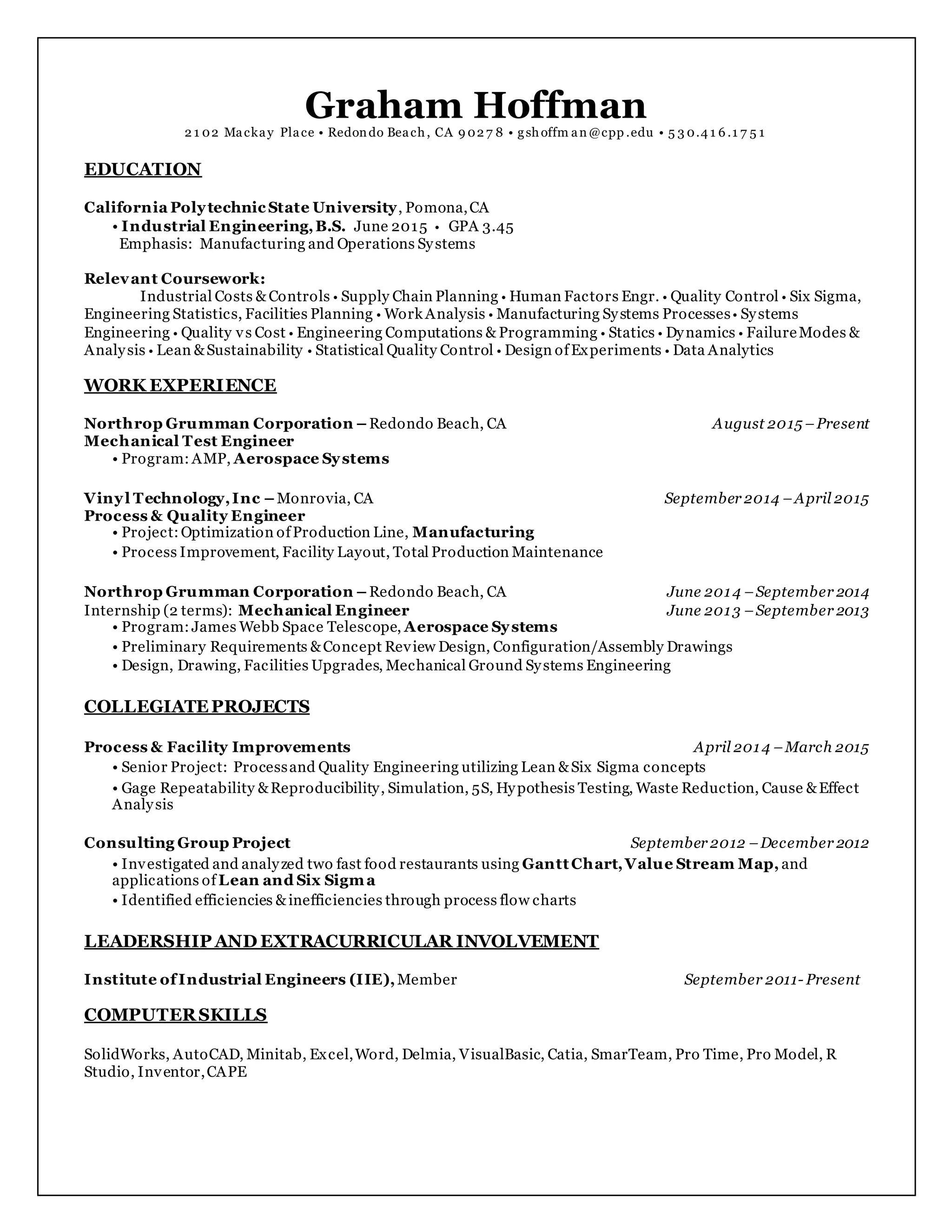 Graham_Hoffman_Resume_2015 | DOCX | Mechanical and Industrial ...