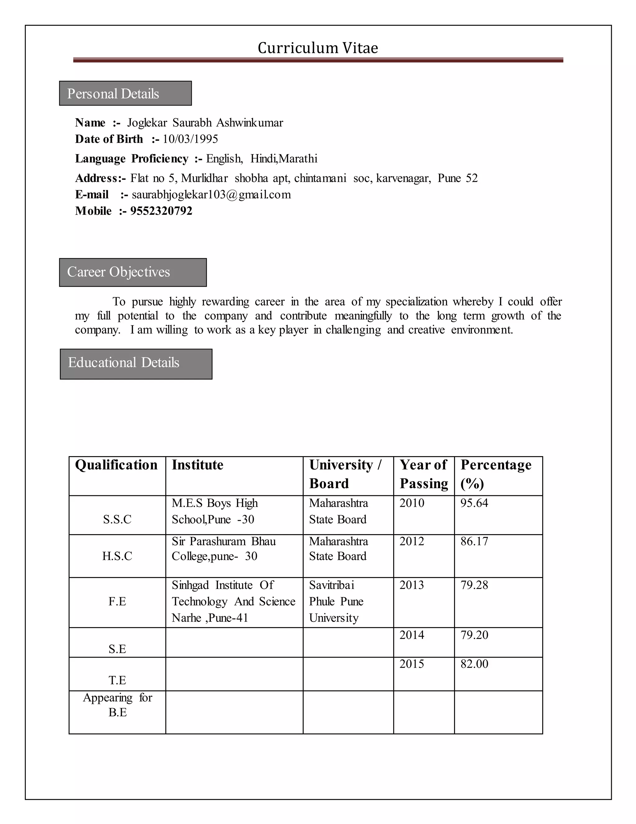 saurabh joglekar resume | DOCX