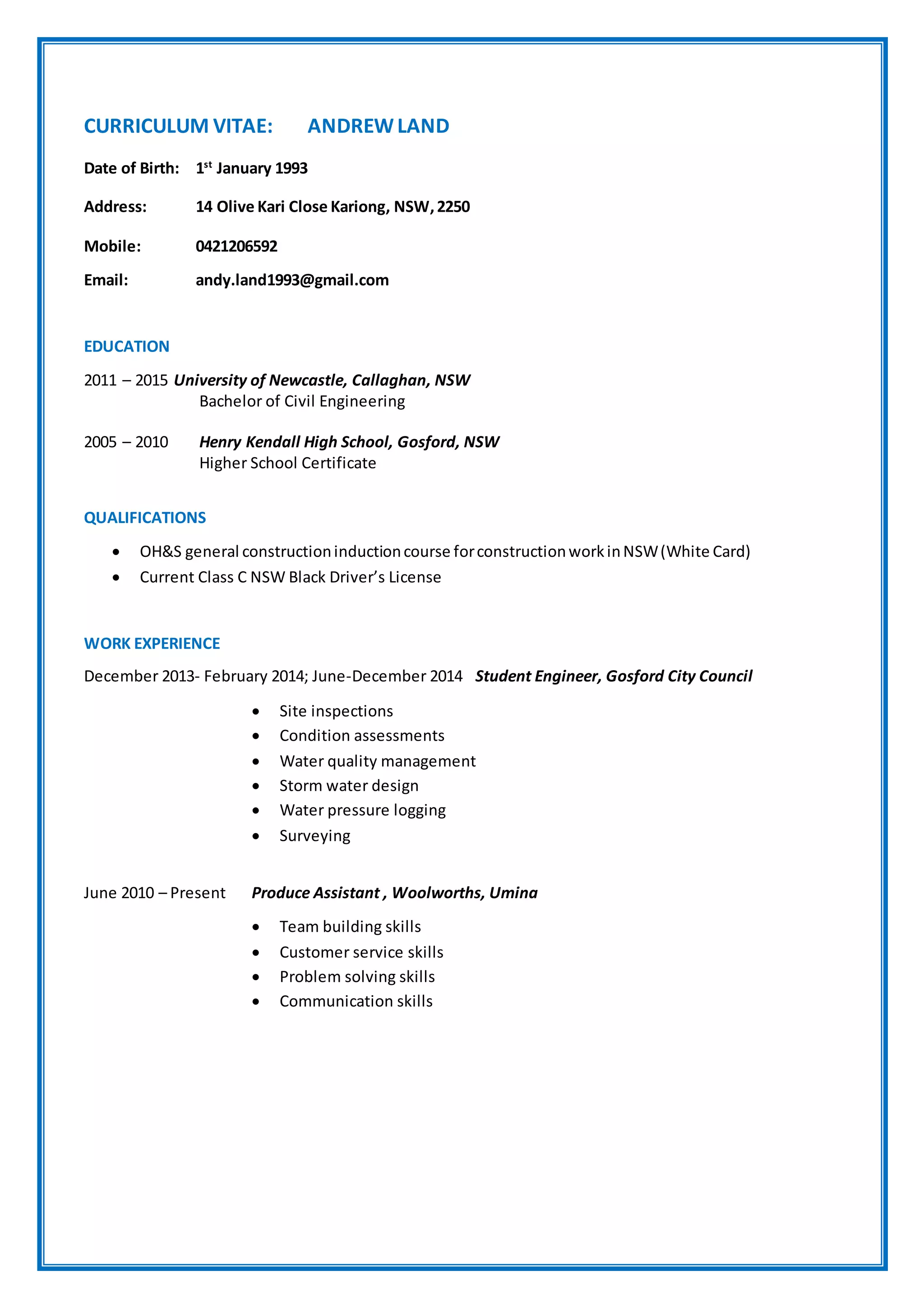 Curriculum-Vitae-Andrew Land | DOCX | Civil Engineering Industry ...