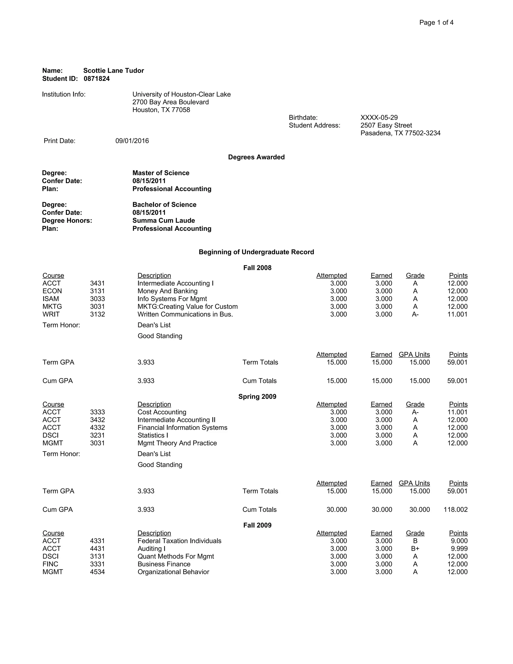 UHCL Transcript | PDF