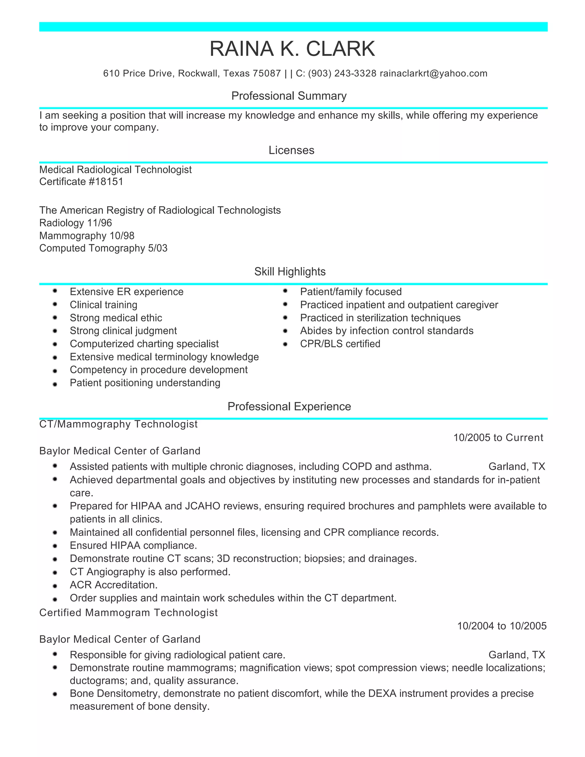 Raina CT Medical Resume | PDF