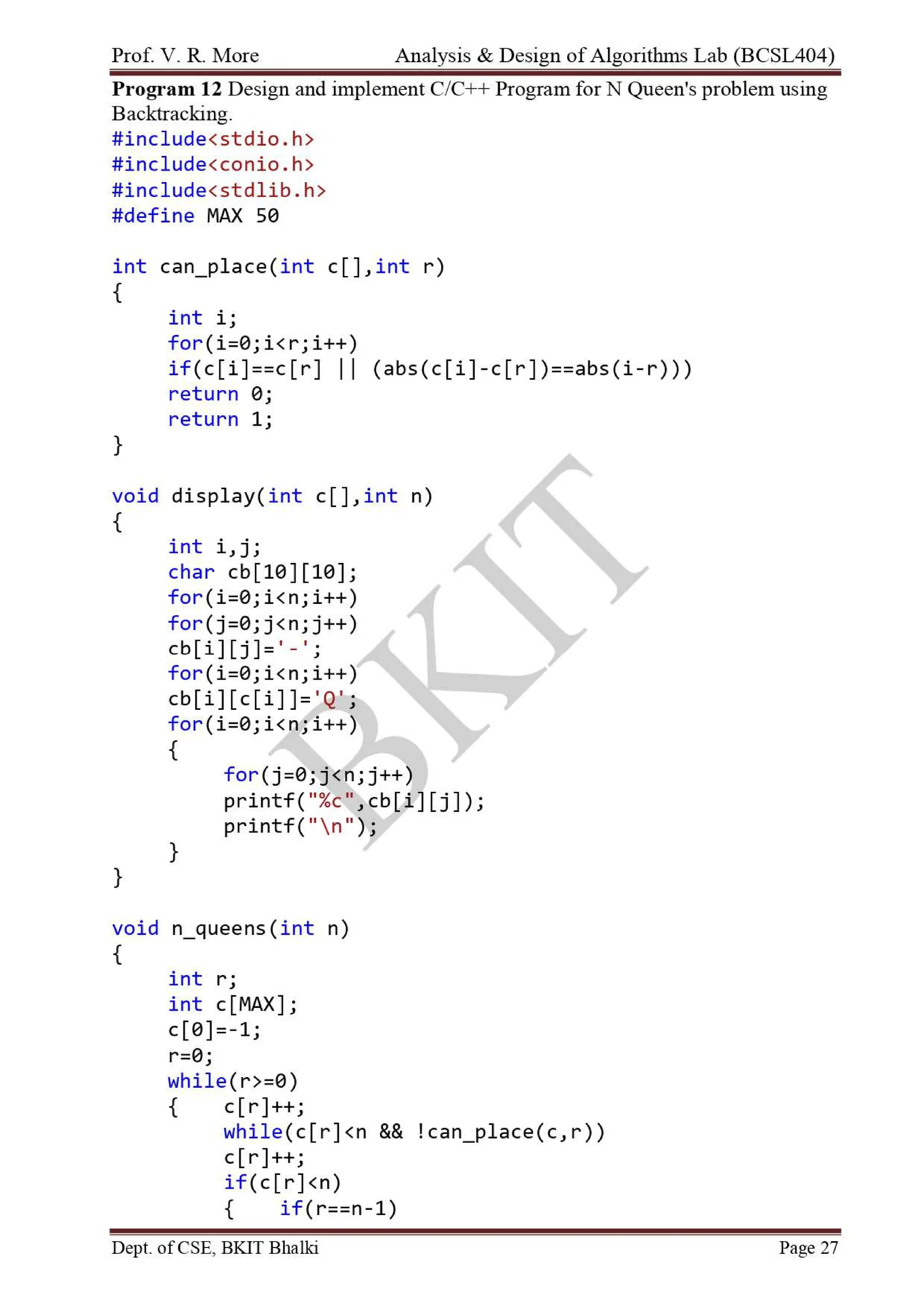 Analysis and Design of Algorithm Lab Manual (BCSL404) | PDF