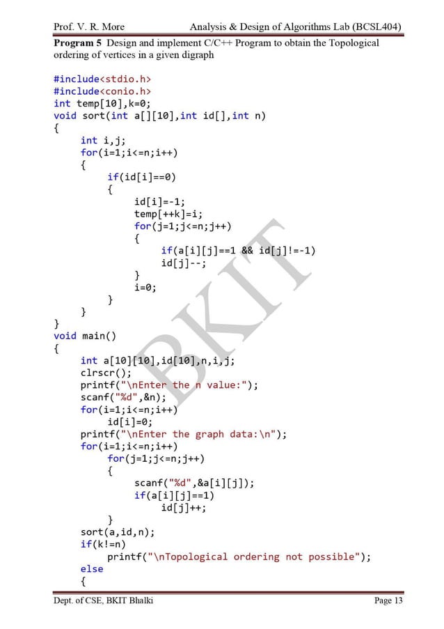 Analysis And Design Of Algorithm Lab Manual Bcsl404 Pdf Computer Software And Applications