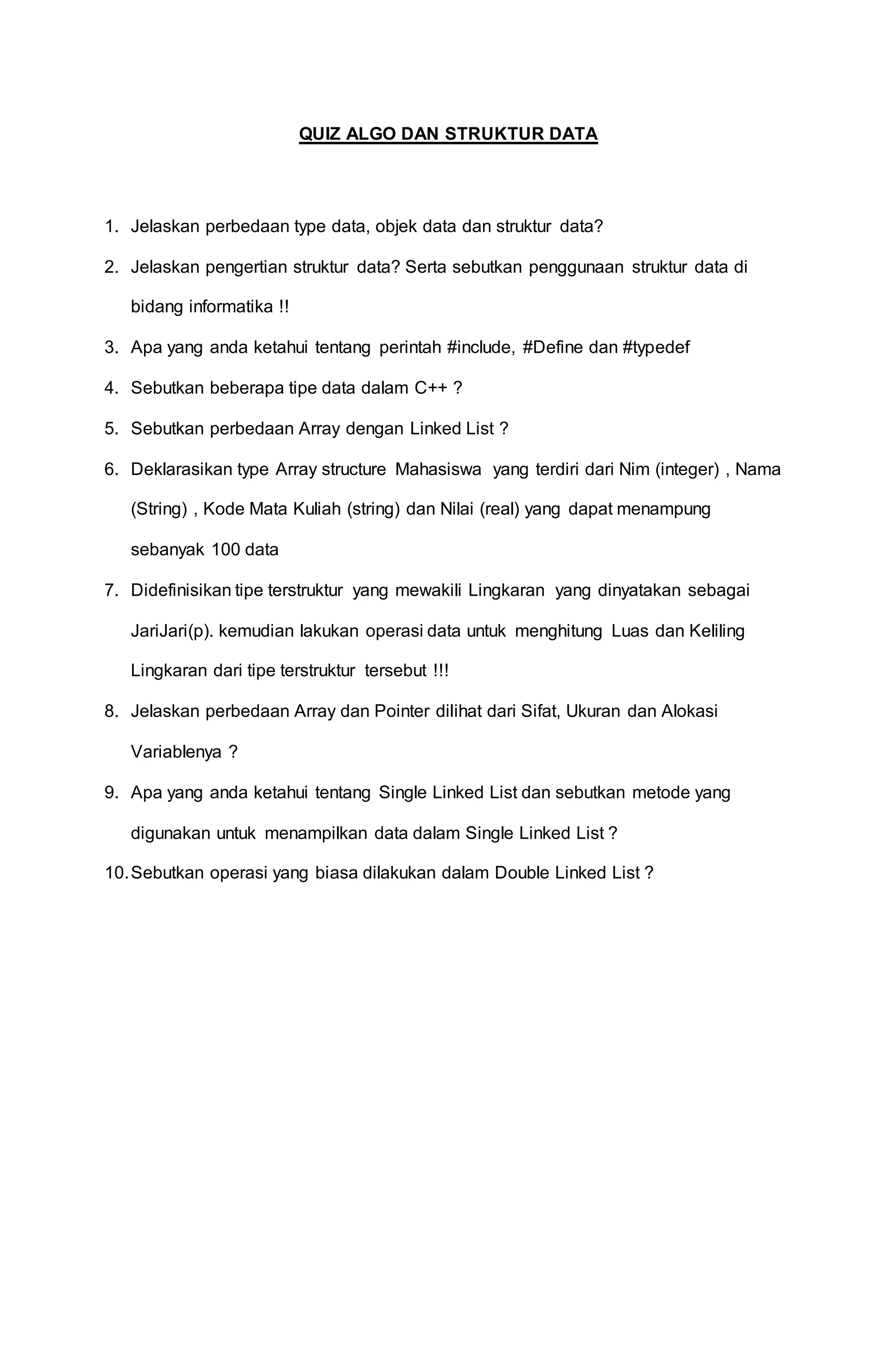 (Adam nelvin) quiz dan jawaban teori algo dan struktur data | PDF