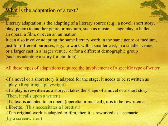 Adaptation approach literature | PPT | Musicals | Genres