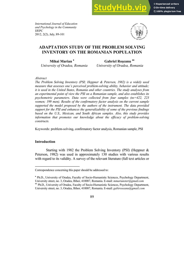 Adaptation Study Of The Problem Solving Inventory On The Romanian Population | PDF