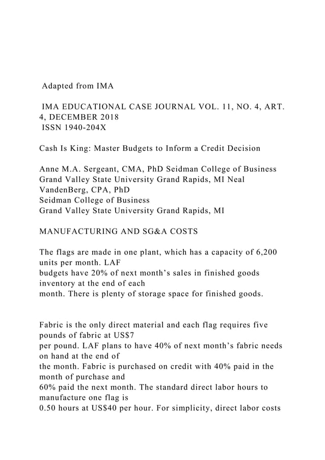 Adapted from IMA IMA EDUCATIONAL CASE JOURNAL VOL. 11, .docx | Free ...