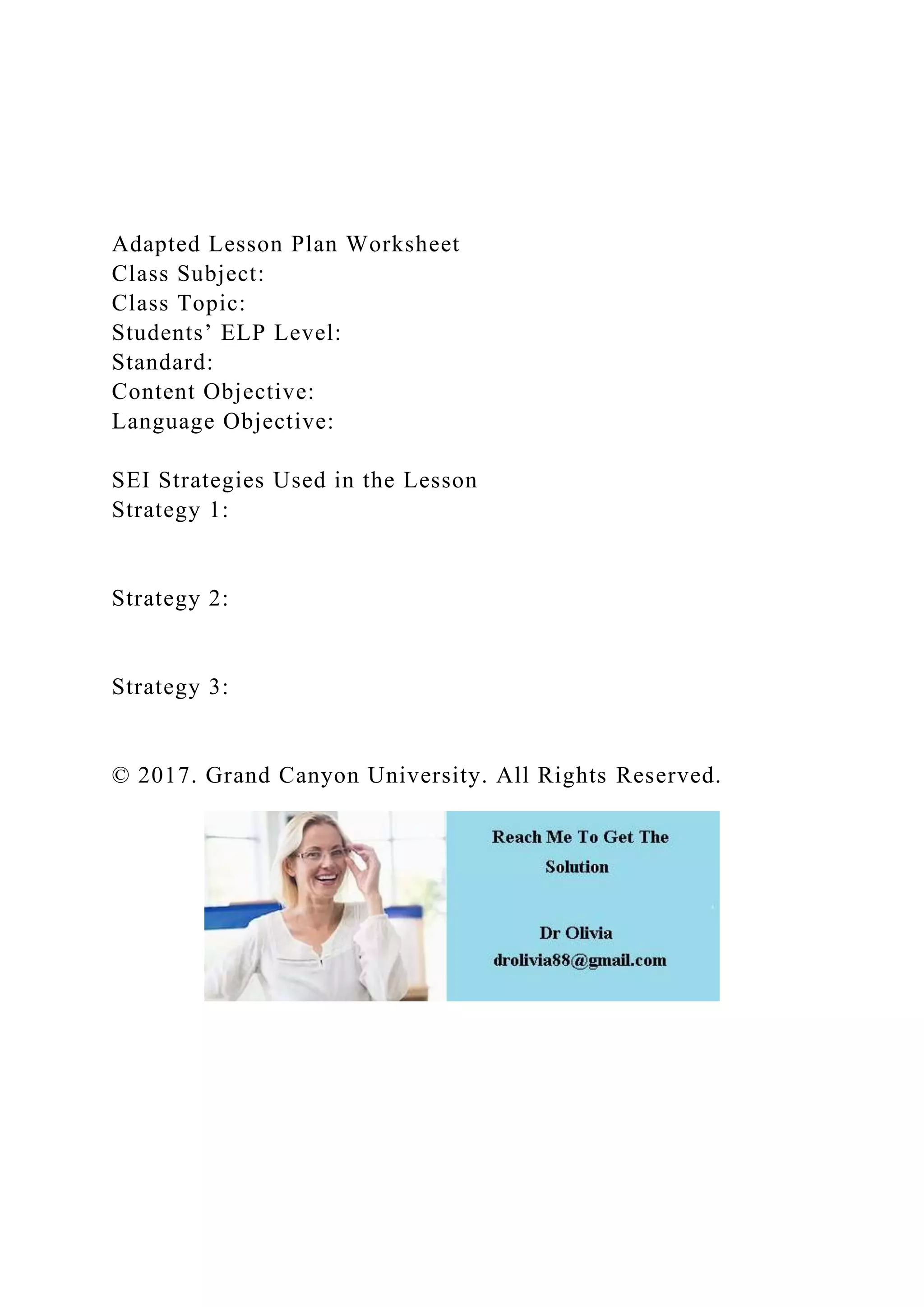 Adapted Lesson Plan WorksheetClass SubjectClass TopicS.docx | Education
