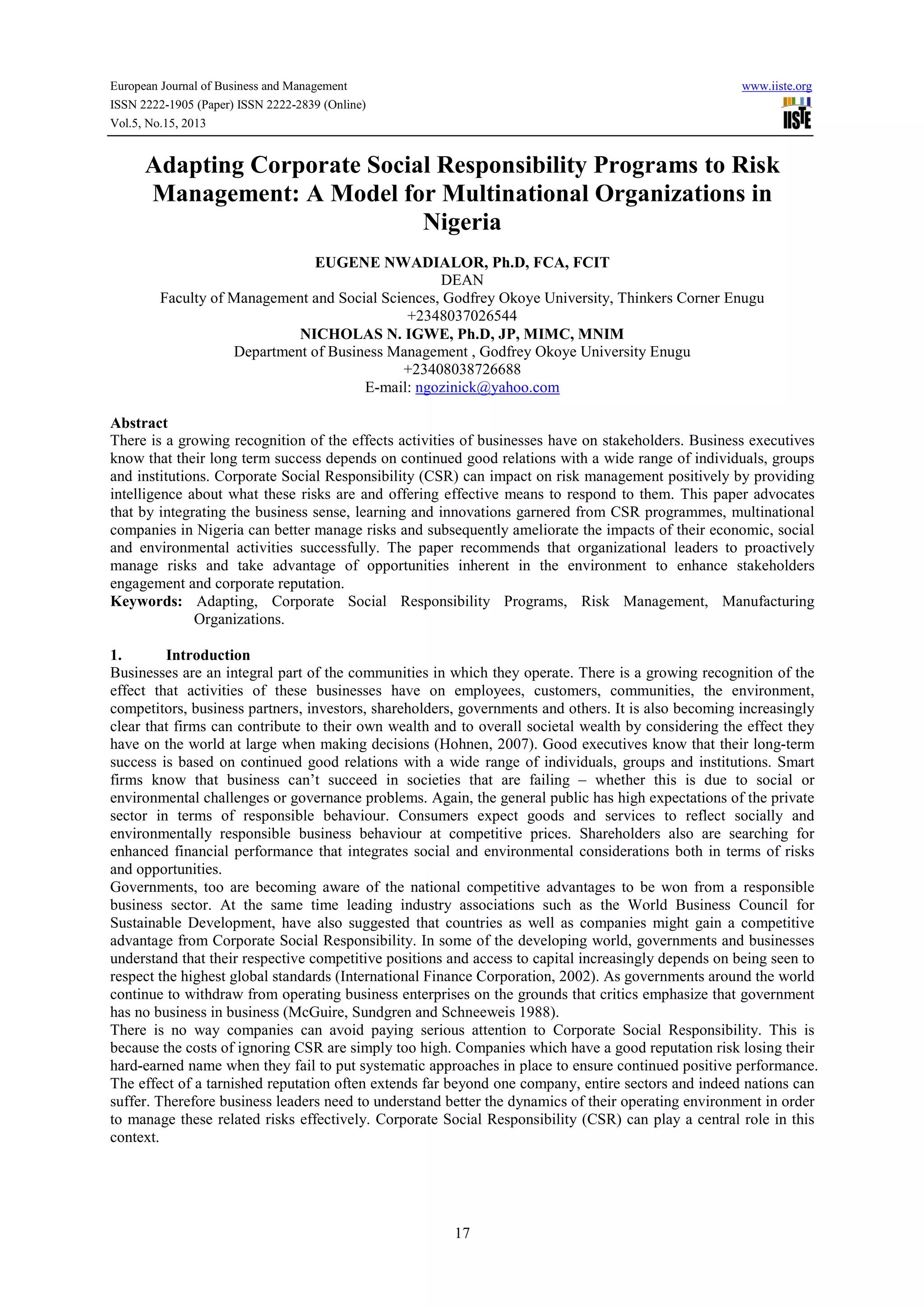 Adapting corporate social responsibility programs to risk management a model for multinational ...