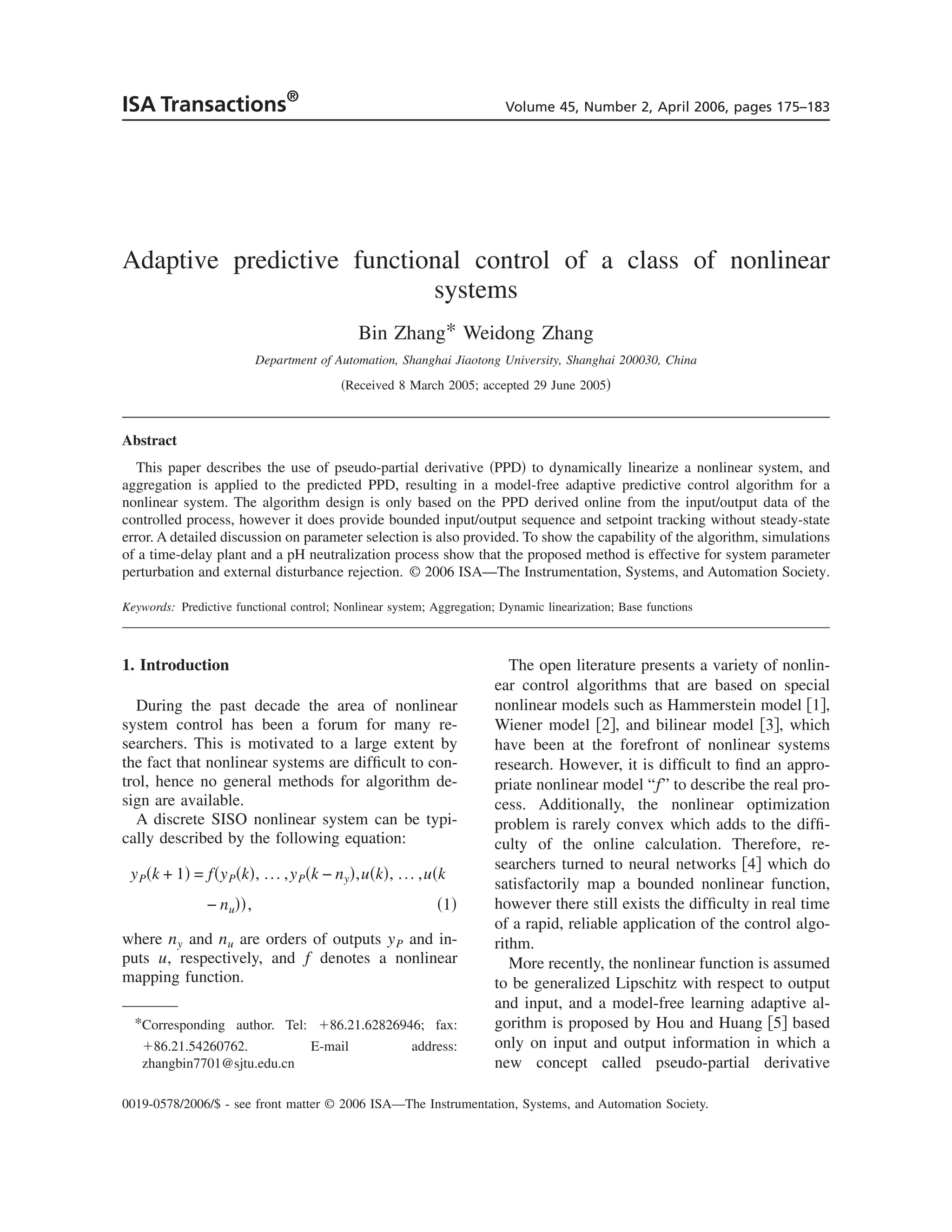 Adaptive predictive functional control of a class of nonlinear systems | PDF