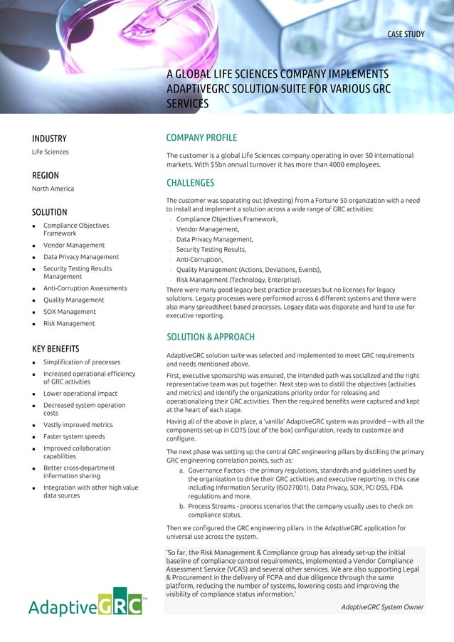 GLOBAL LIFE SCIENCES COMPANY USES ADAPTIVEGRC SUITE TO MANAGE RISK ...