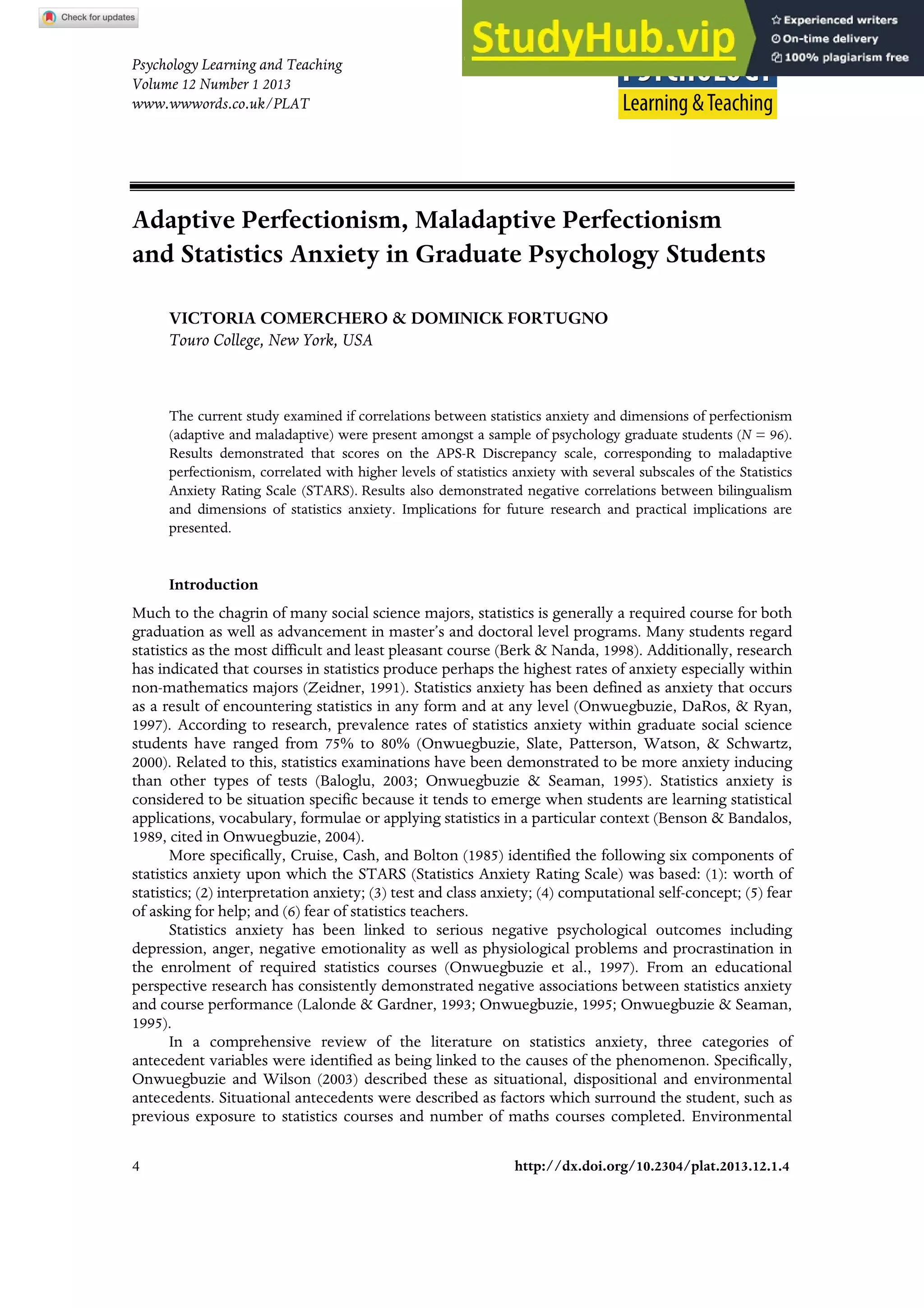 Adaptive Perfectionism, Maladaptive Perfectionism and Statistics ...