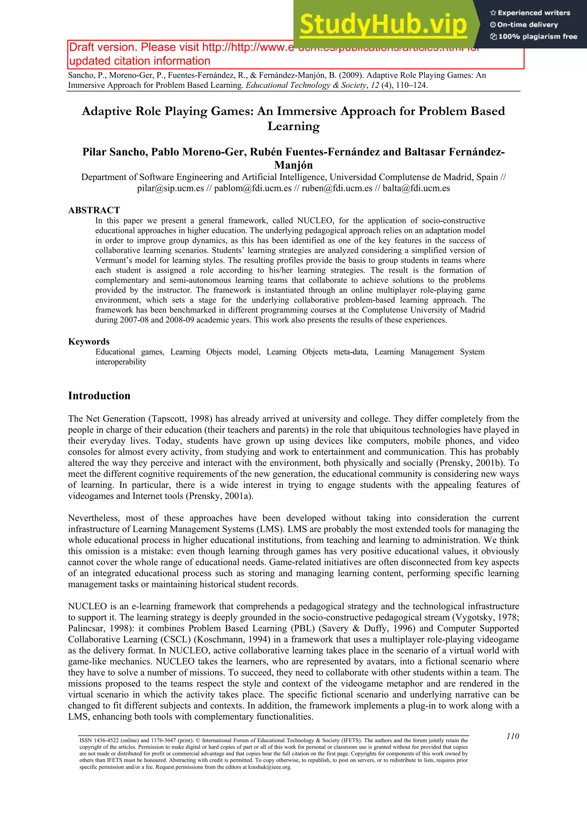 Adaptive Role Playing Games for Problem Based Learning | PDF