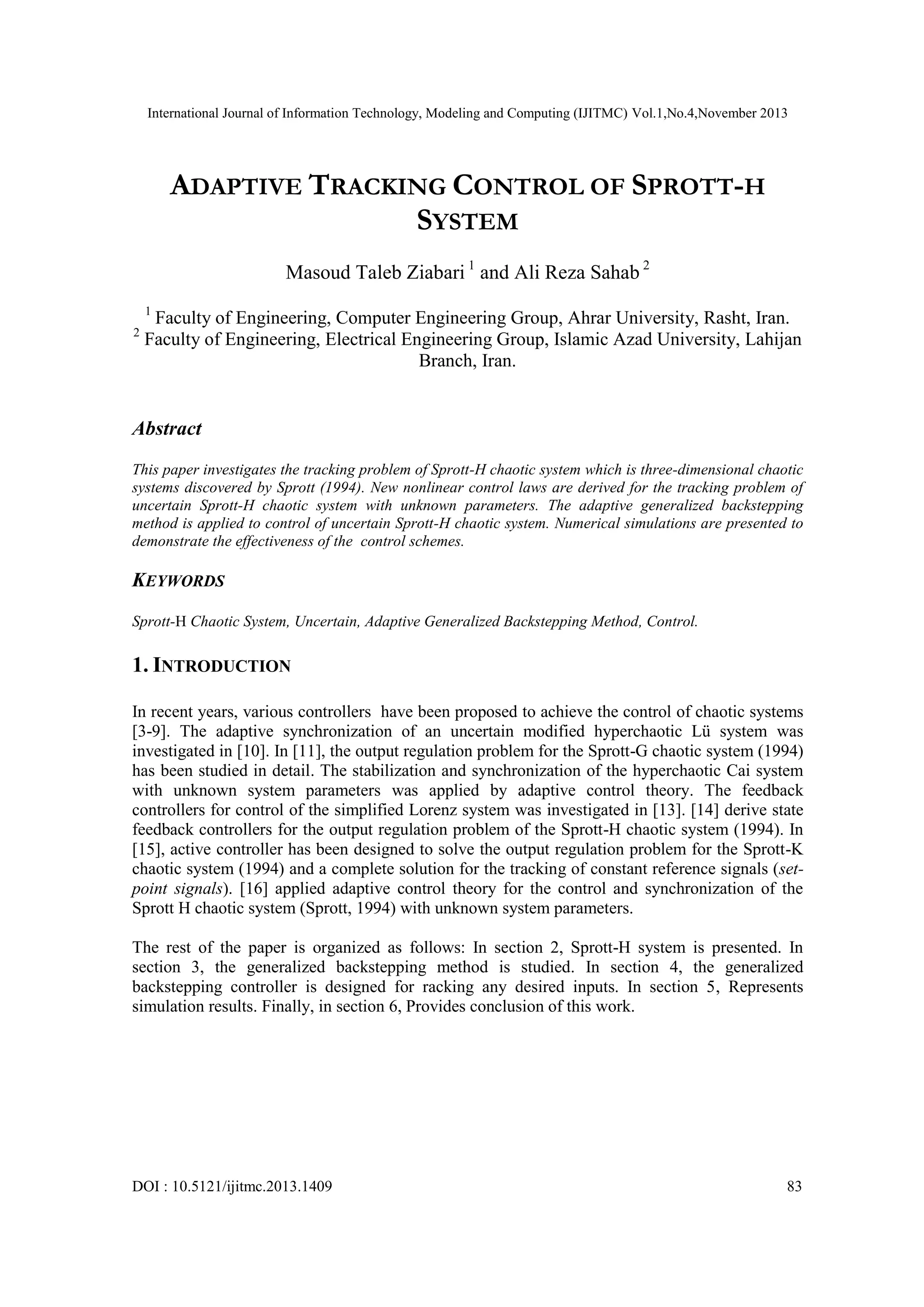 Adaptive tracking control of sprott h system | PDF