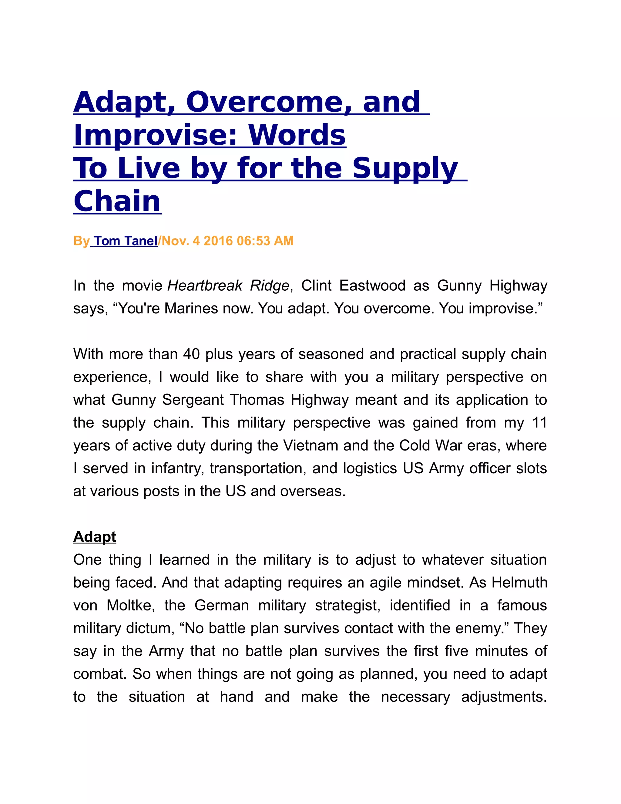 Adapt, overcome, and improvise words to live by for the supply chain--e ...