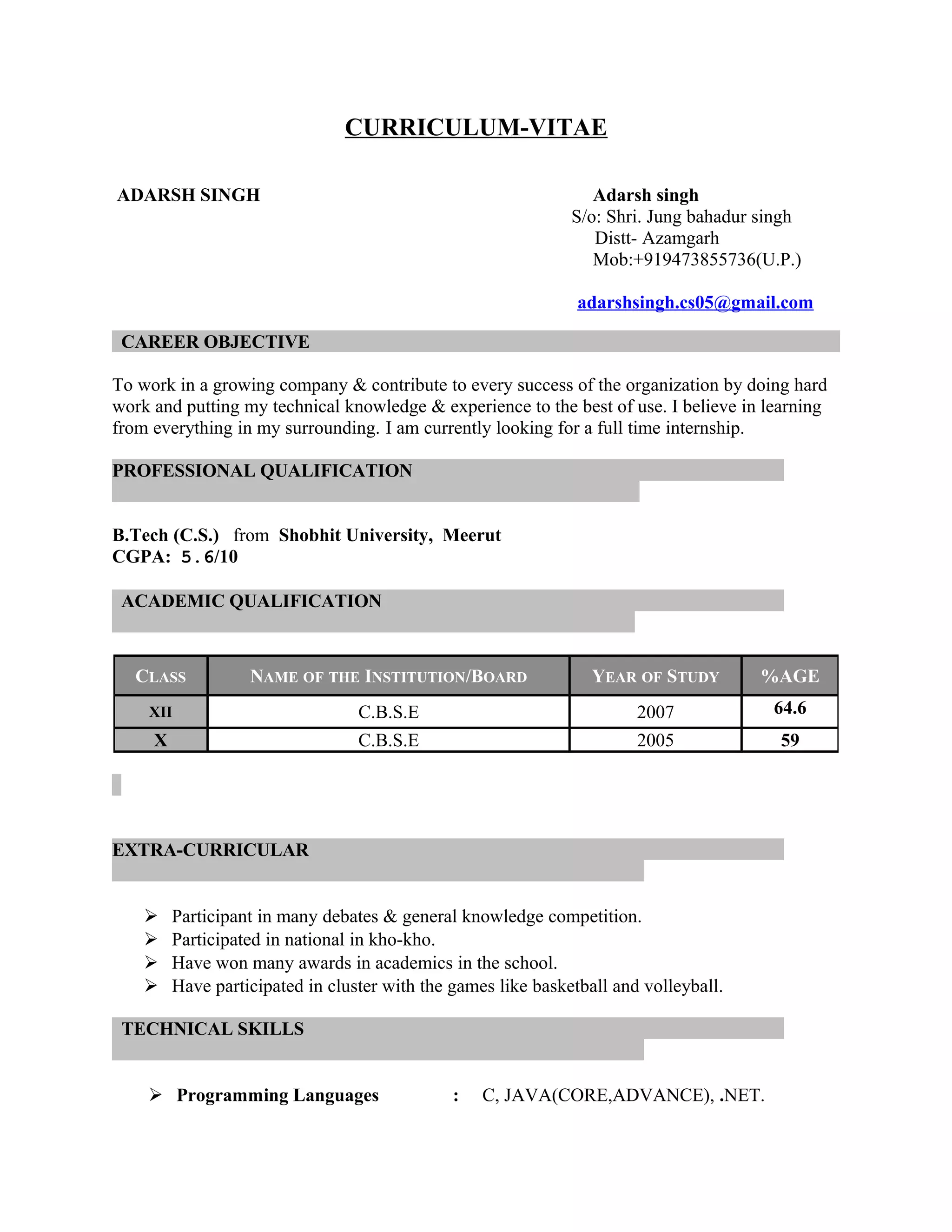 Adarsh cv | PDF