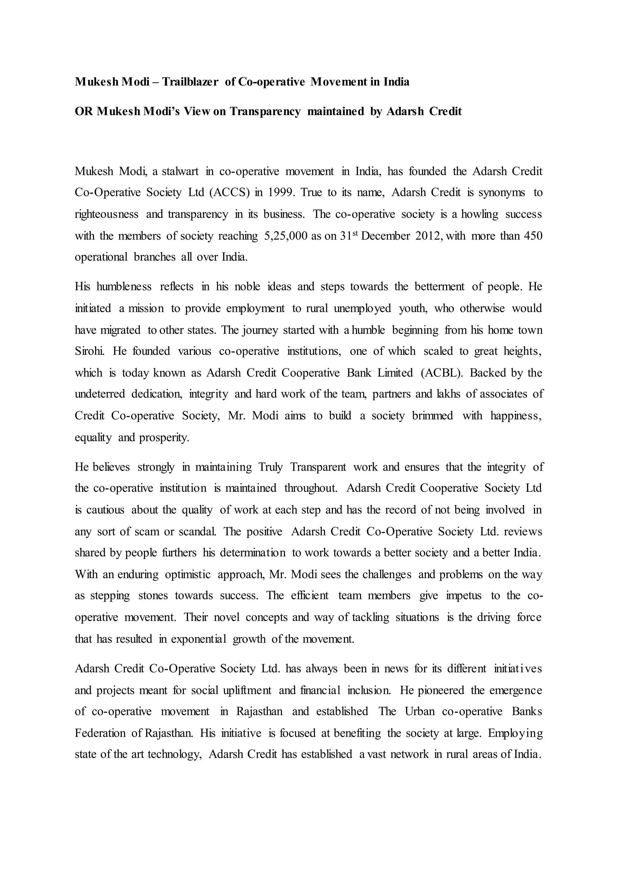 Mukesh Modi’s View on Transparency maintained by Adarsh Credit | PDF