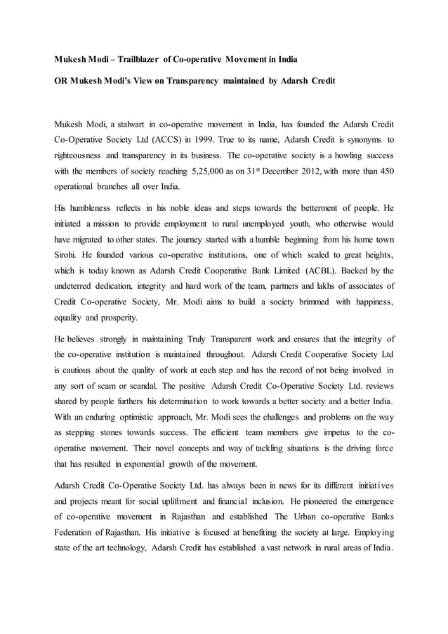 Mukesh Modi’s View on Transparency maintained by Adarsh Credit | PDF