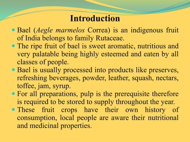 “Studies on Development of RTS, Squash and Syrup from Bael (Aegle marmelos correa)”. | PPT
