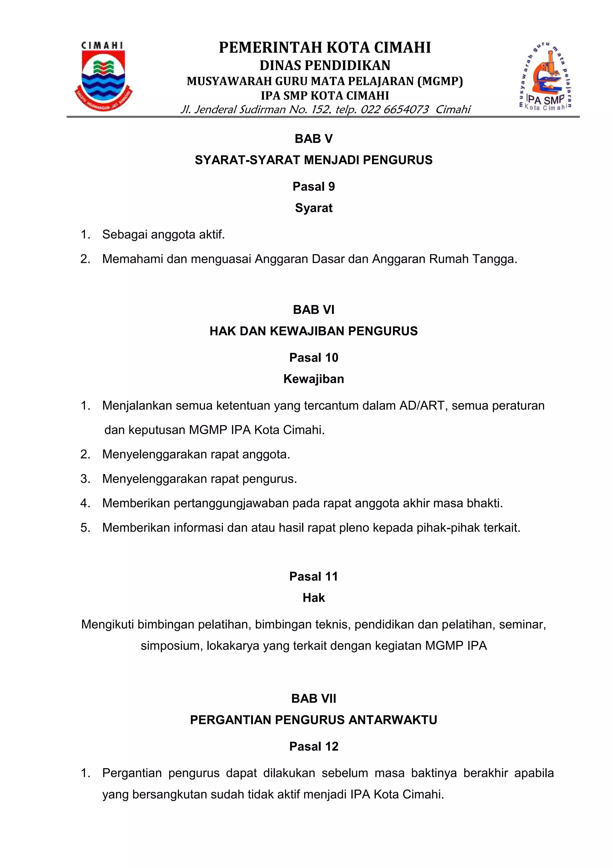 ANGGARAN DASAR DAN ANGGARAN RUMAH TANGGA MGMP IPA KOTA CIMAHI | PDF
