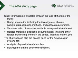 Steven McEachern - ADA, DDI (metadata standard) and the Data Lifecycle ...