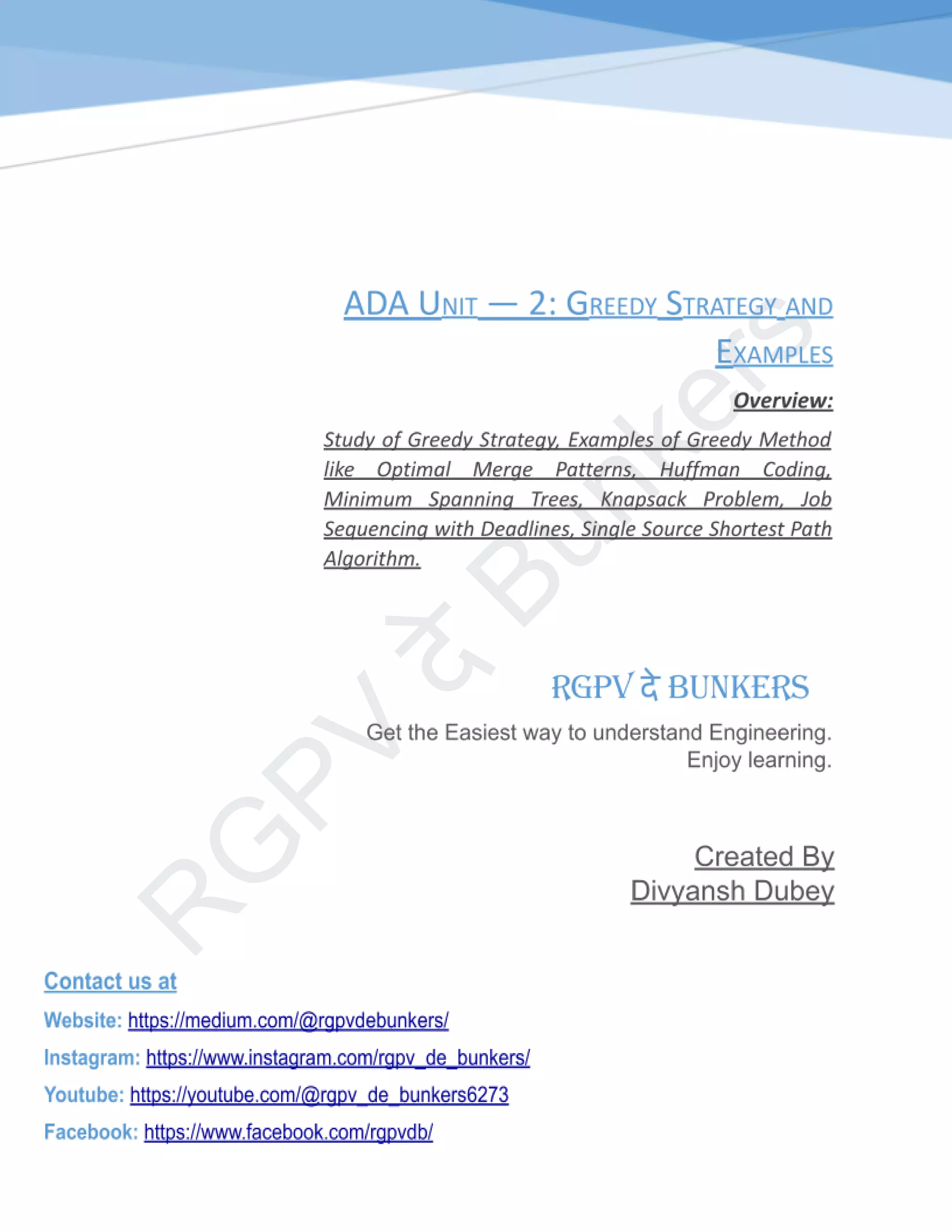 ADA Unit — 2 Greedy Strategy and Examples | RGPV De Bunkers | PDF