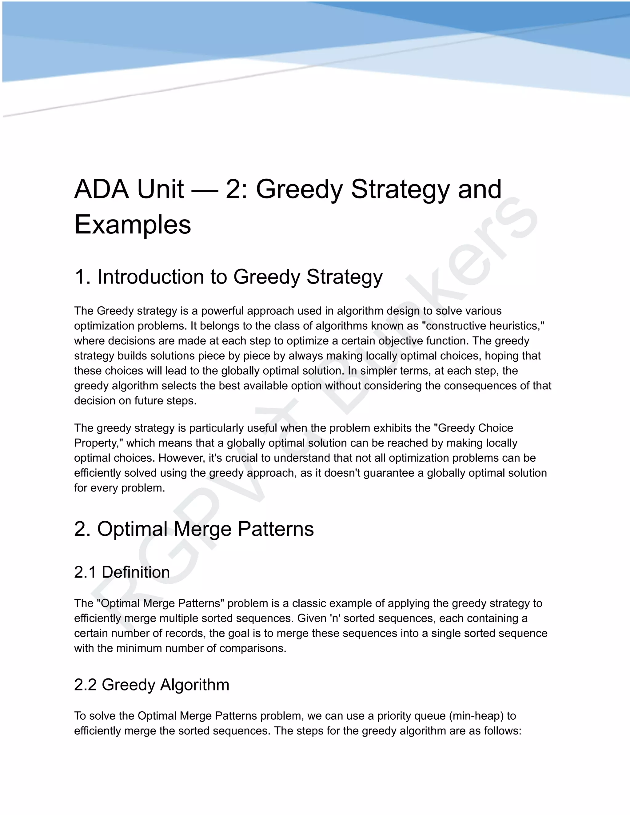 ADA Unit — 2 Greedy Strategy and Examples | RGPV De Bunkers | PDF