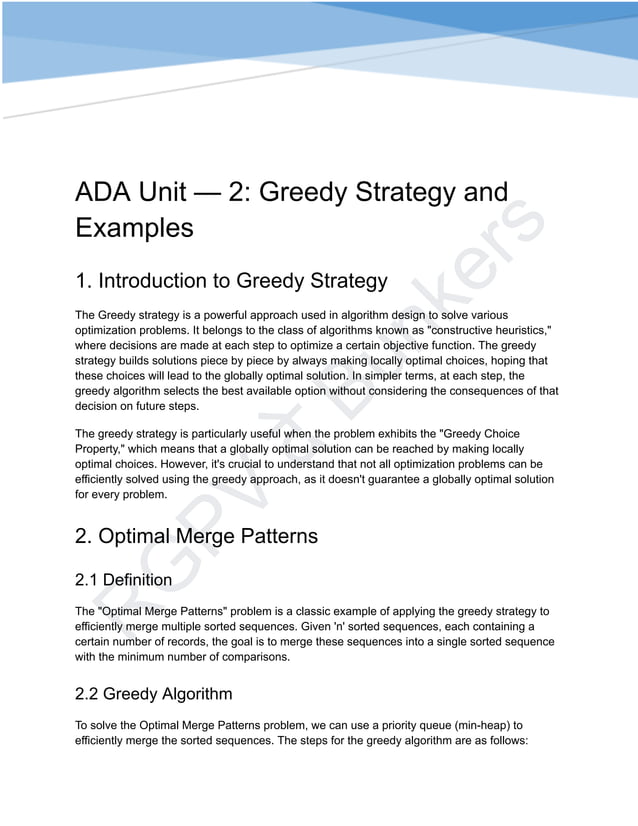 ADA Unit — 2 Greedy Strategy and Examples | RGPV De Bunkers | PDF