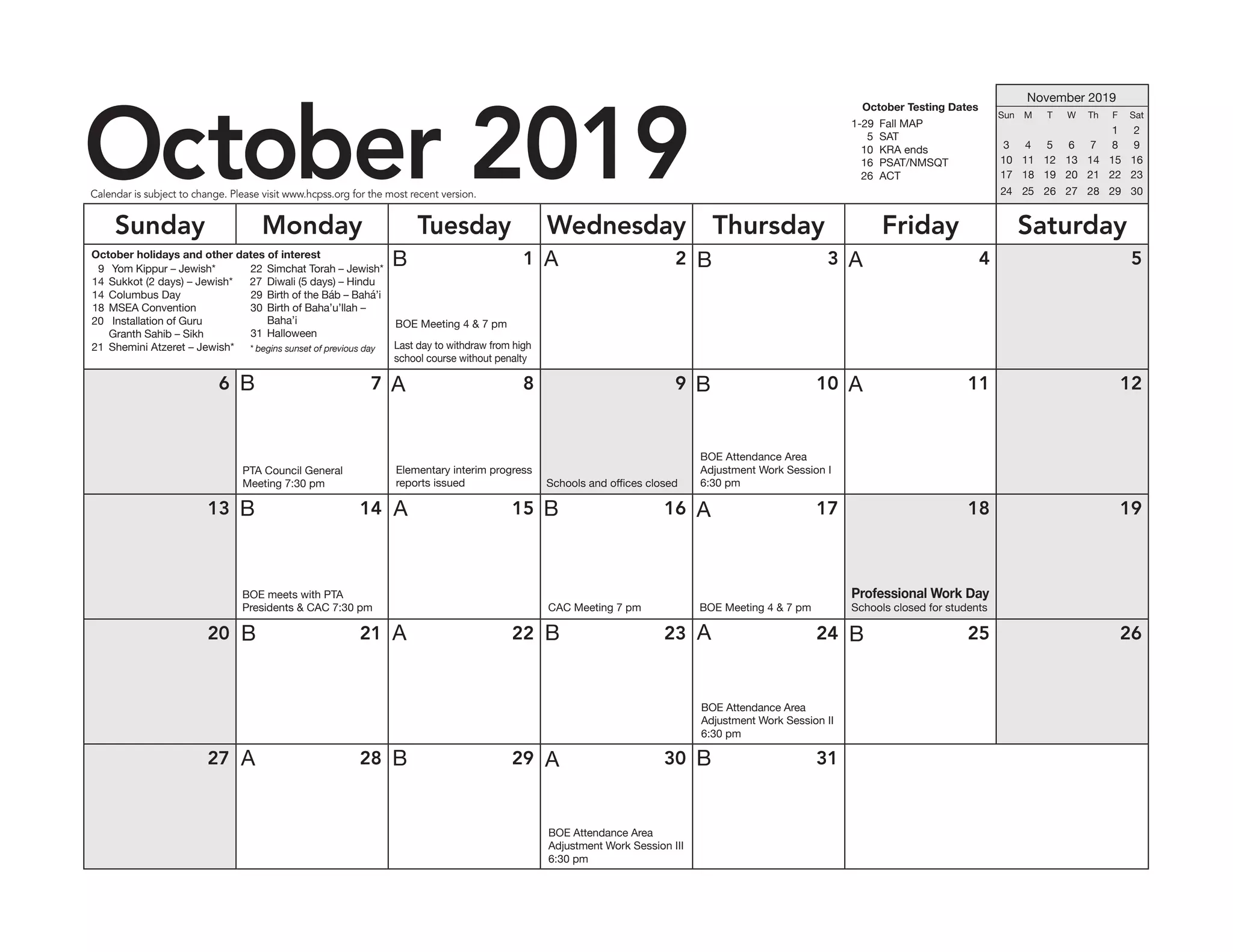 HCPSS A Day B Day Schedule 2019-20 | PPT