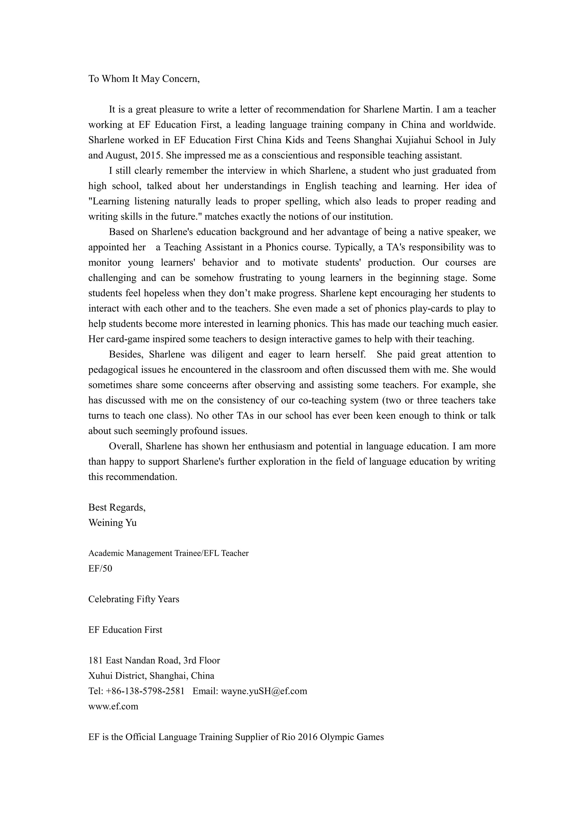 EF English Recomendation Letter | PDF