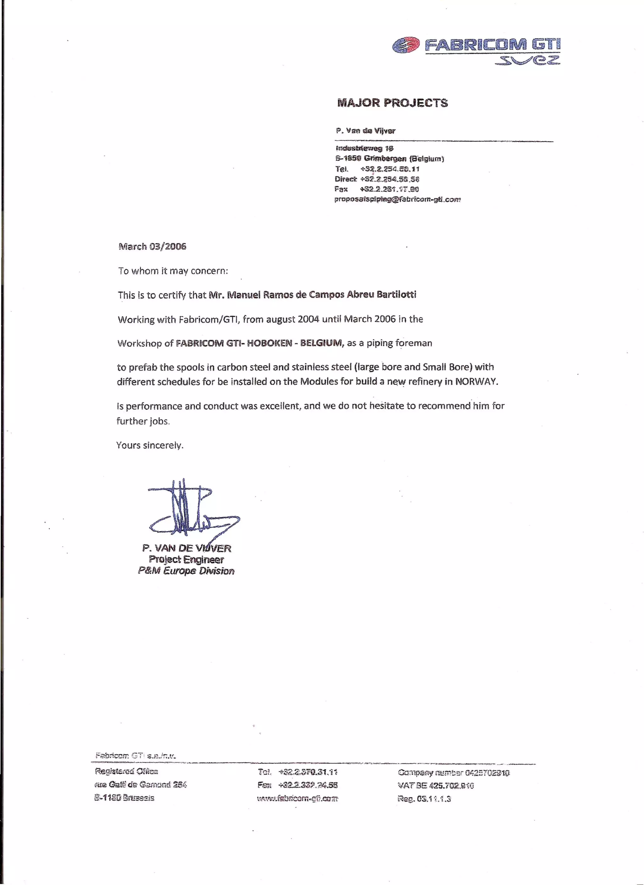 Recommendation Letter from FABRICOM-GTI-SUEZ | PDF