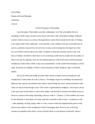 Owen Phelps Plato Dualism Paper | PDF