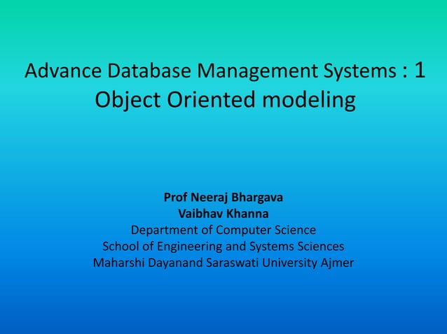 Adbms 1 object oriented modeling | PPT
