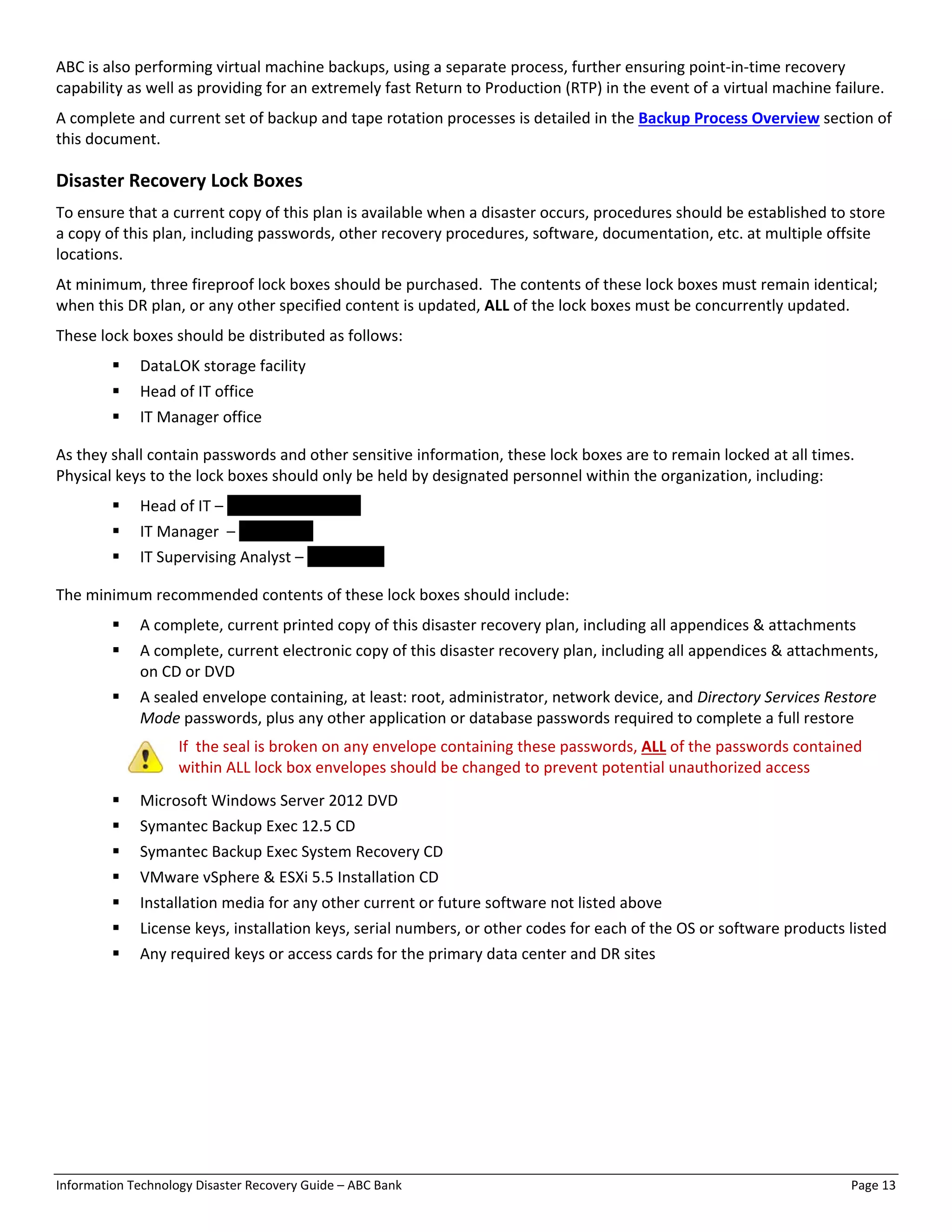 Information Technology Disaster Recovery Guide - ABC Bank (redacted) | PDF