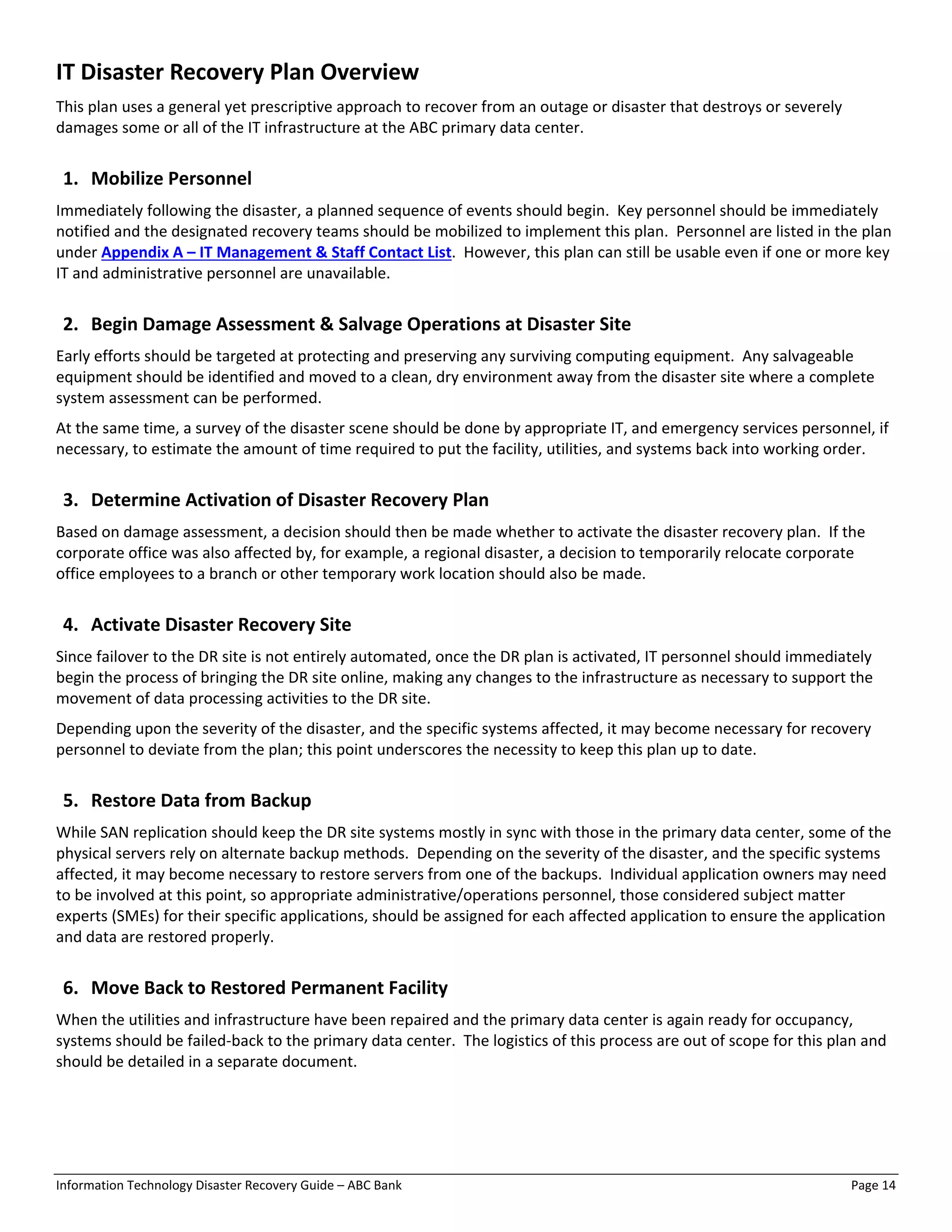Information Technology Disaster Recovery Guide - ABC Bank (redacted) | PDF