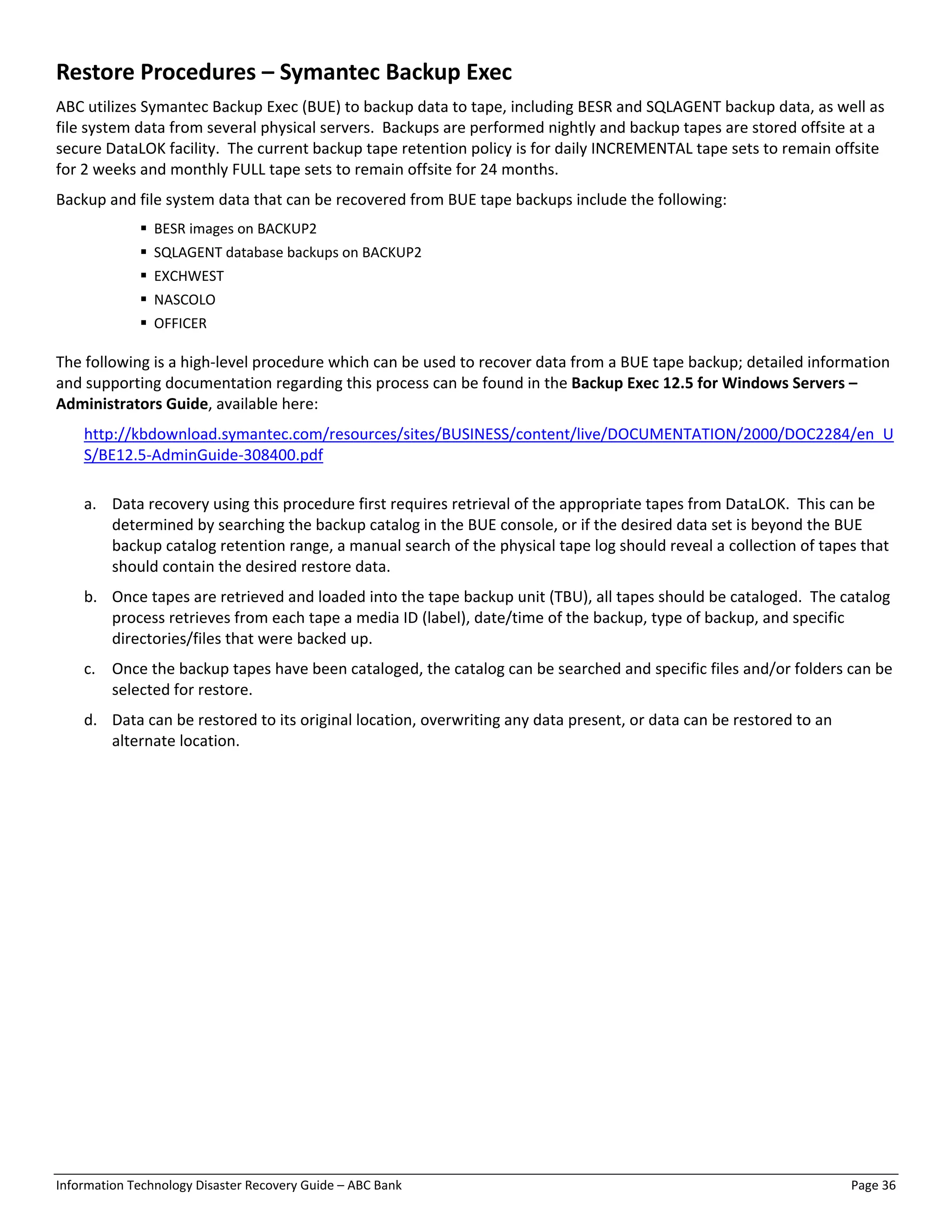 Information Technology Disaster Recovery Guide - ABC Bank (redacted) | PDF