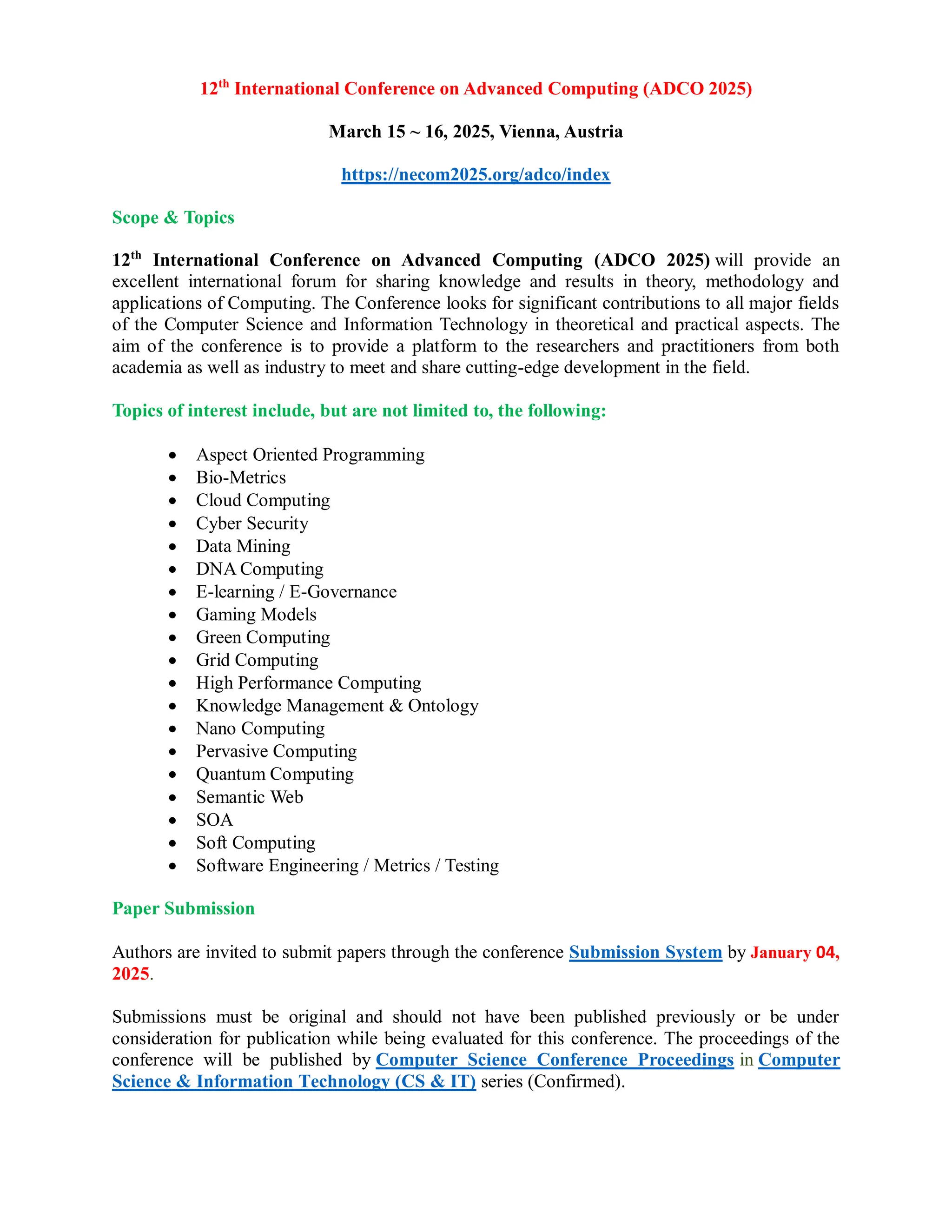 CFP - 12th International Conference on Advanced Computing (ADCO 2025) | PDF