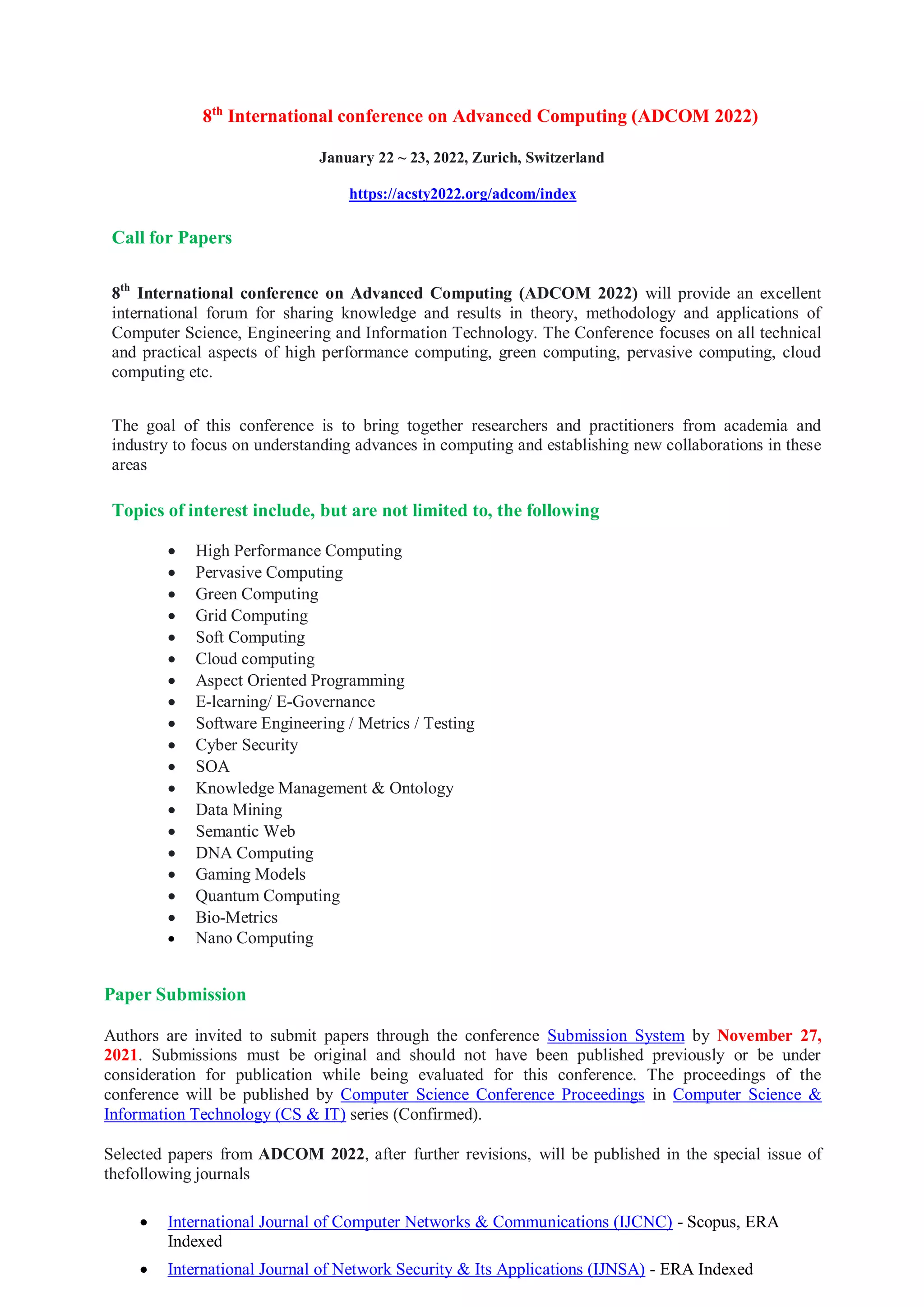 8th International conference on Advanced Computing (ADCOM 2022) | PDF