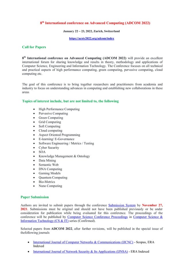 8th International conference on Advanced Computing (ADCOM 2022) | PDF
