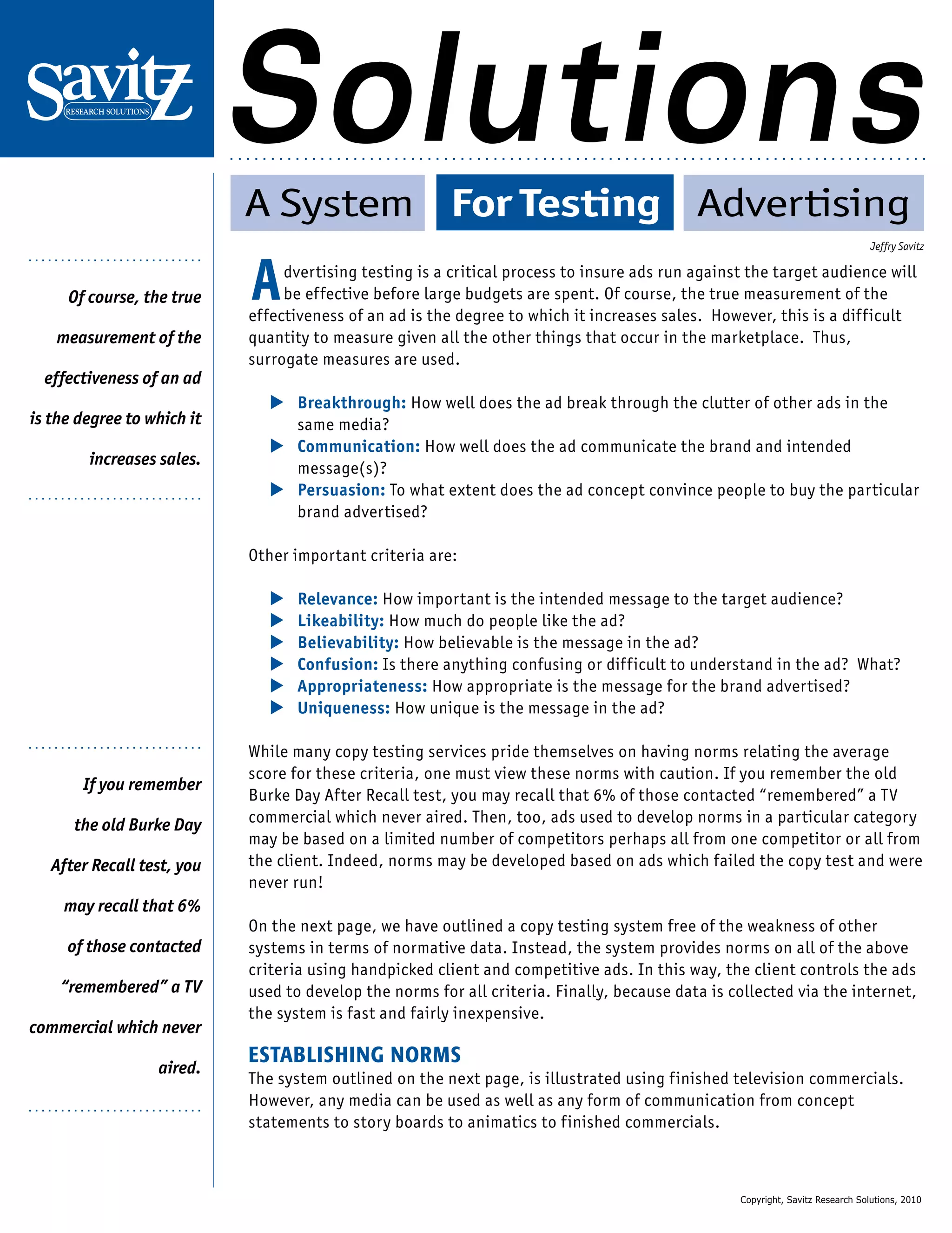Jeff Savitz - A System for Testing Advertising | PDF