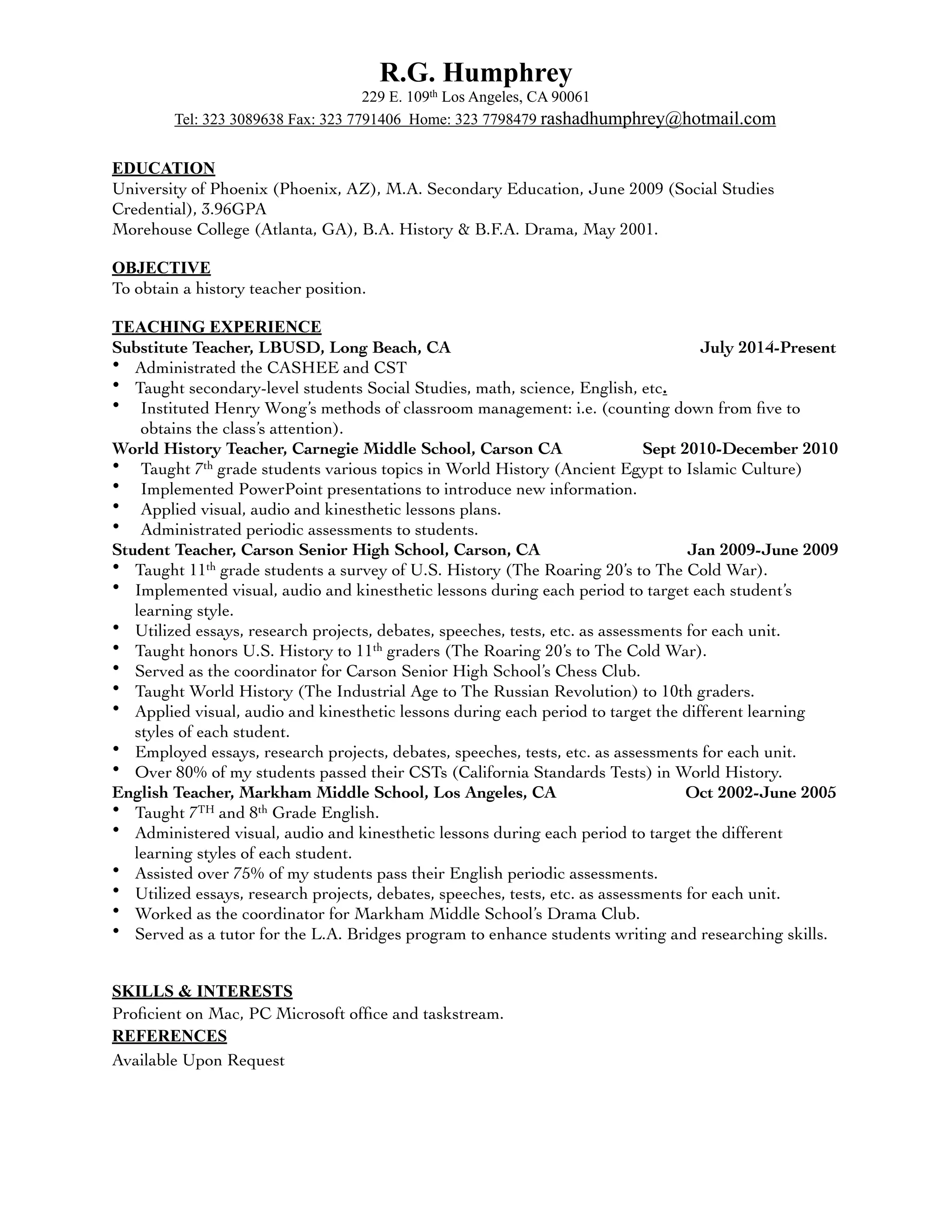 History Teacher Resume | PDF