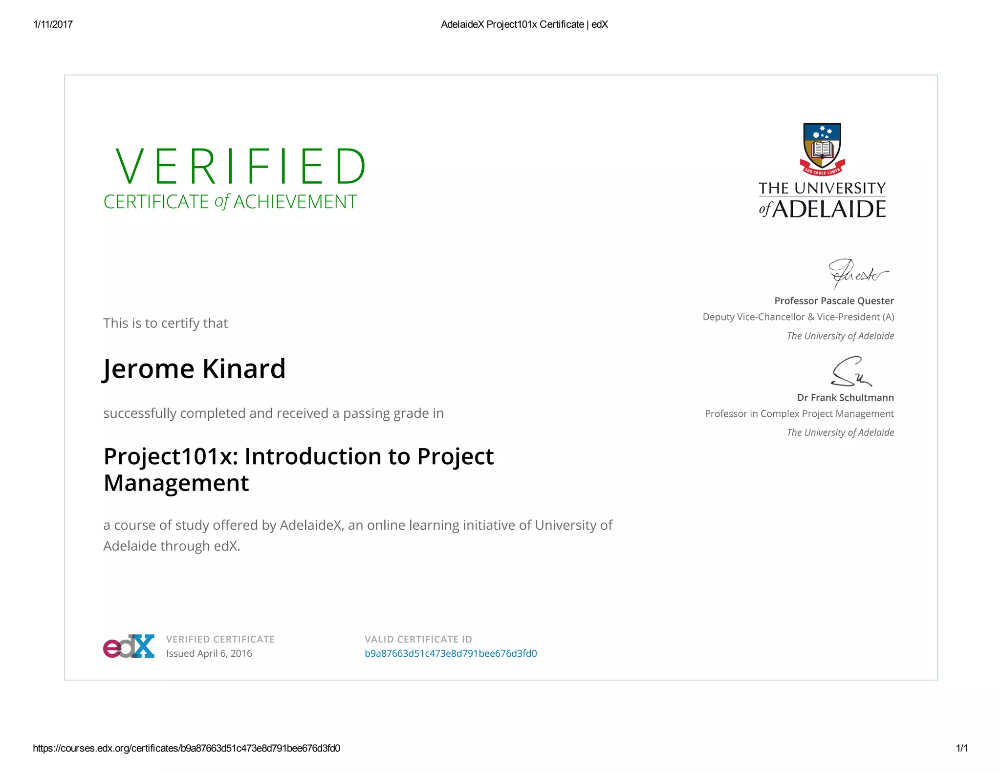 AdelaideX Project101x Certificate _ edX | PDF
