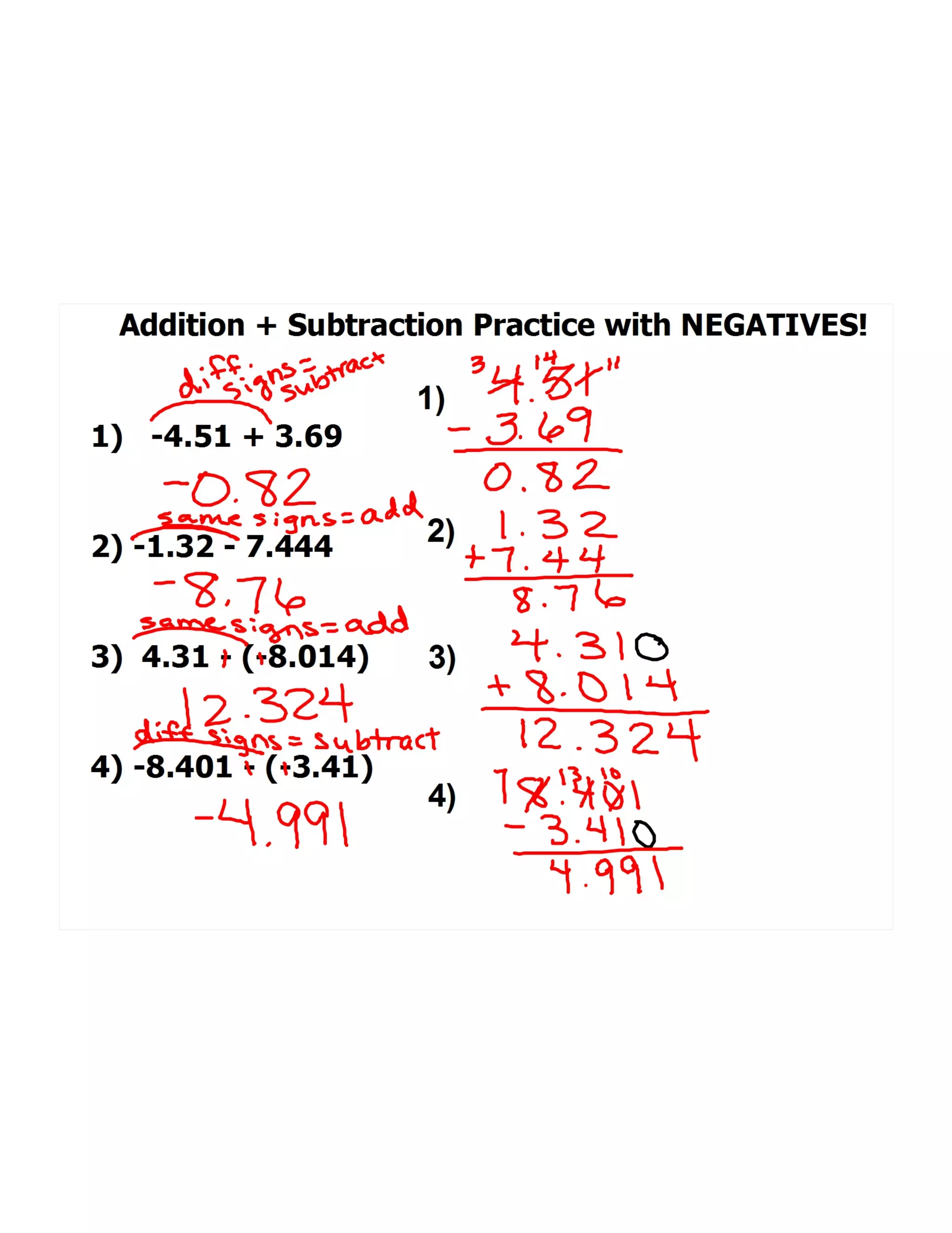 Add and subtract negative decimals | PDF